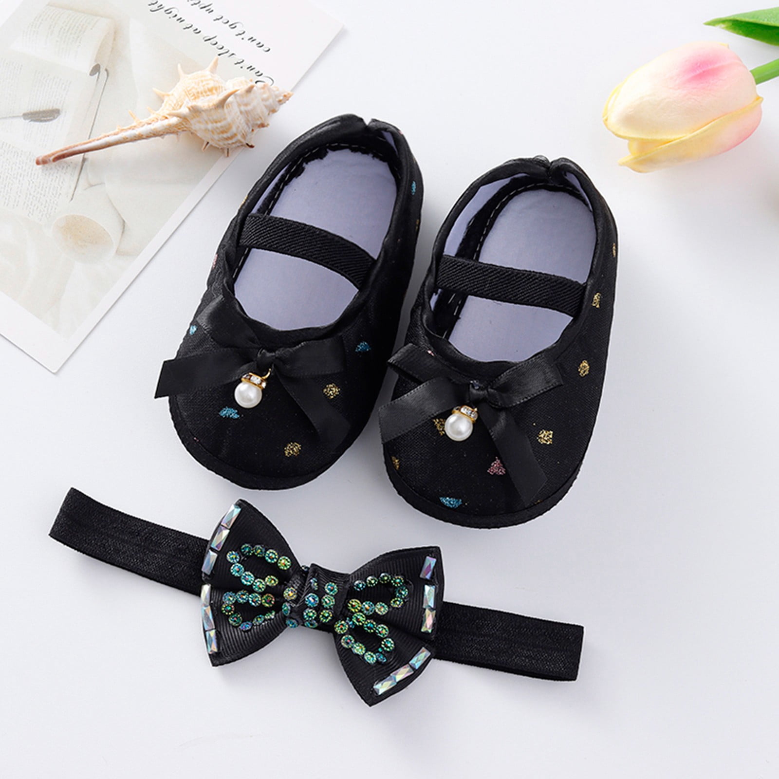 SJLDQY Shoes Soft Sole Set Headband Little Bow Pearl Toddler Cute ...