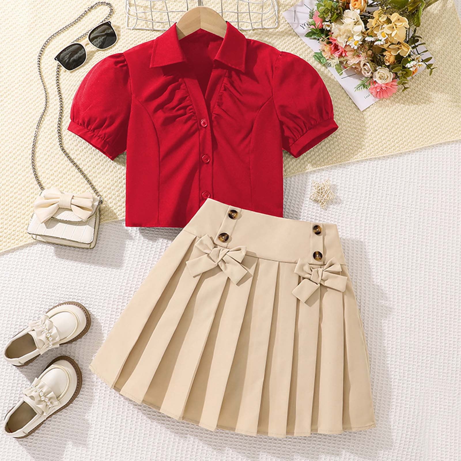 SJLDQY Toddler Outfits for Child Girls Summer Short Sleeve Shirt with Bow And Pleated Skirt for ...