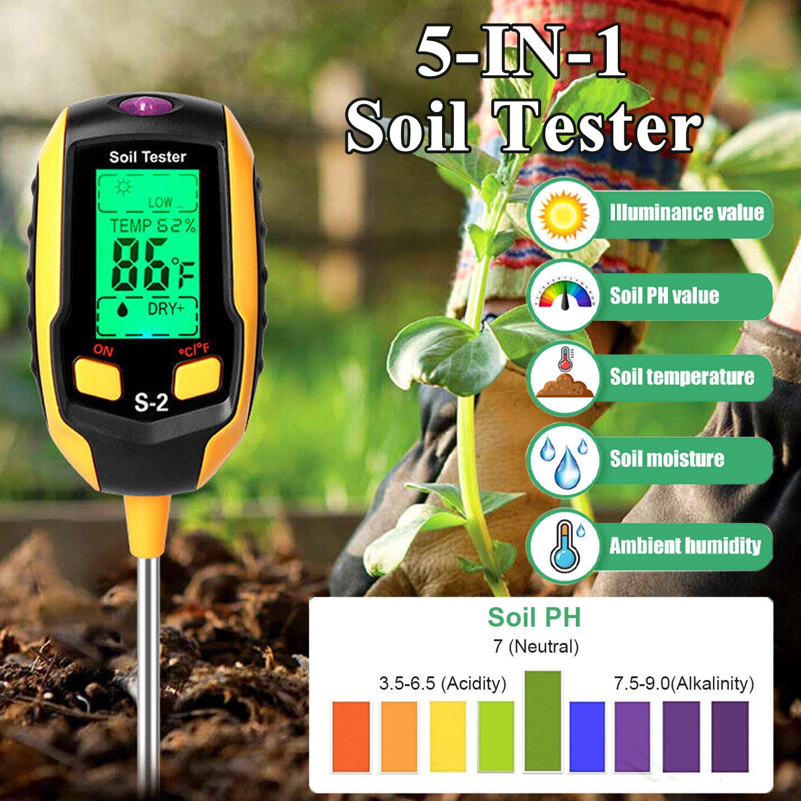 SJPACK 5 in 1 Digital LCD Soil Moisture Meter, PH Moisture Humidity ...