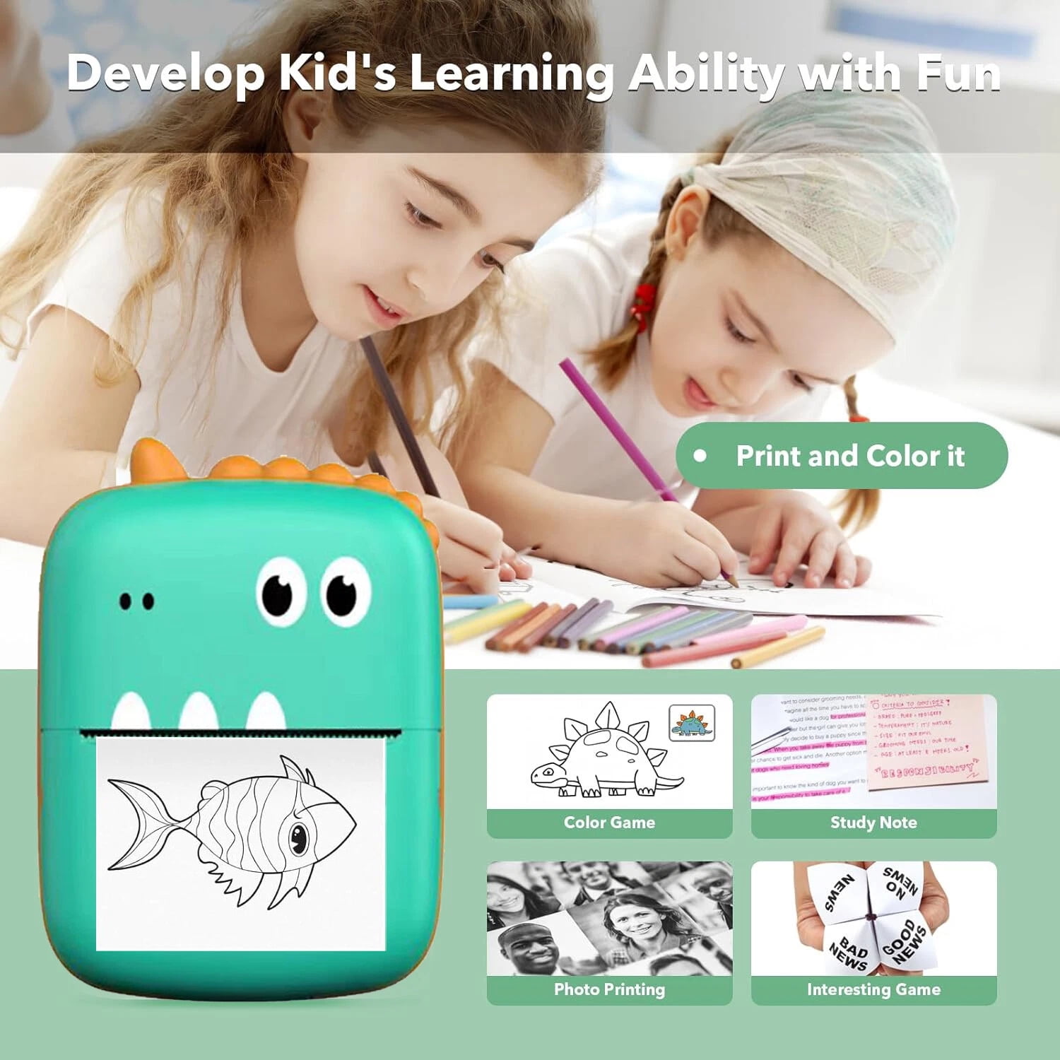 SJPACK Mini Bluetooth Thermal Printer,Dinosaurs Pocket Photo Inkless + 13 Rolls Sticker Paper ...