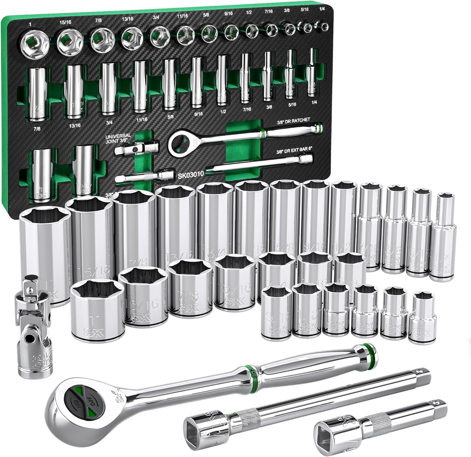 SK 3/8" Drive Socket Set with 160-P Ratchet, 30-Piece, SAE, SuperKrome ...