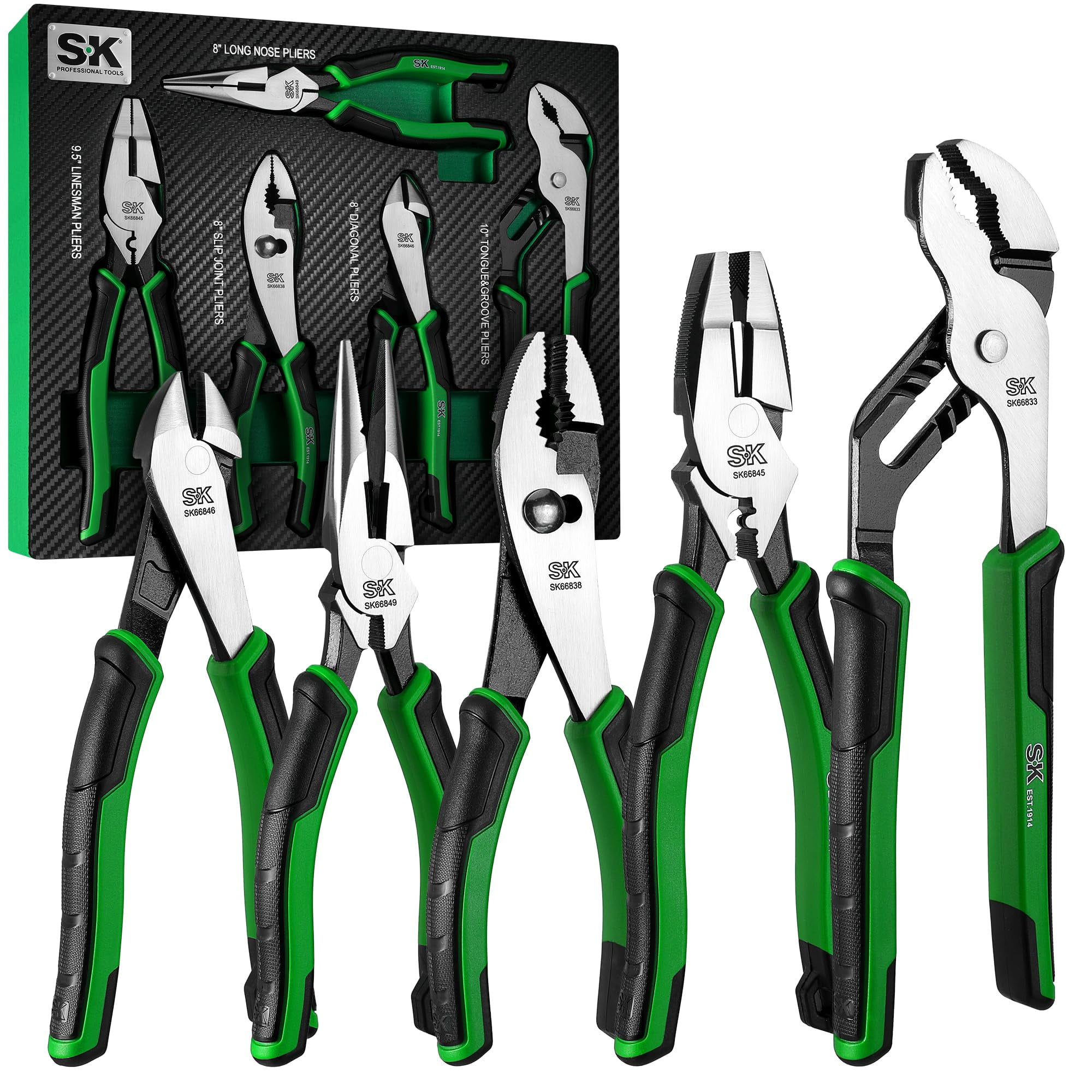 SK 5-Piece Pliers Set, 8" Long Nose Pliers, 9.5" Linesman Pliers, 8" Slip Joint Pliers, 8 ...