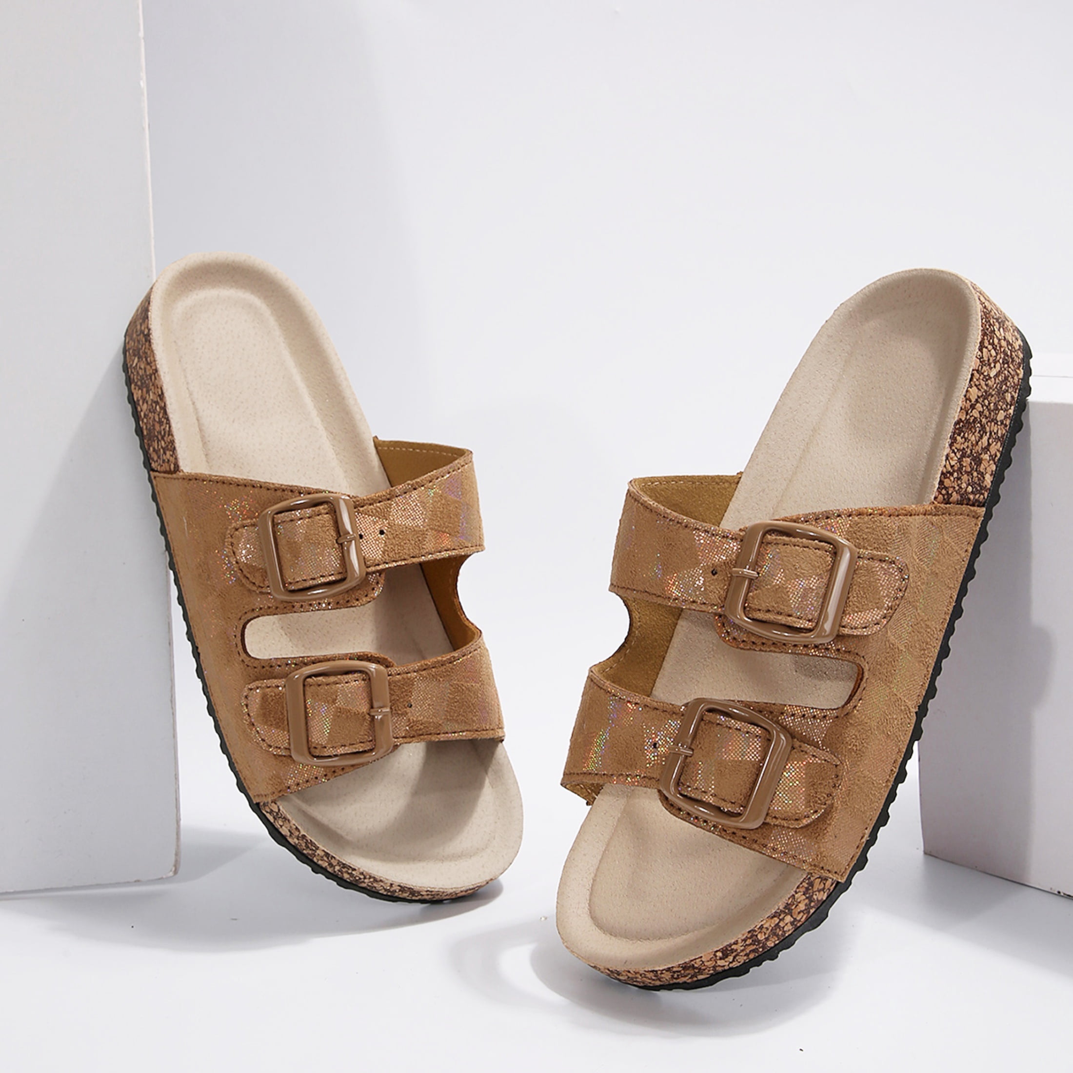 SK Low Heel Plaid Patterned Flatform Slide Sandals - Buckle Closure ...