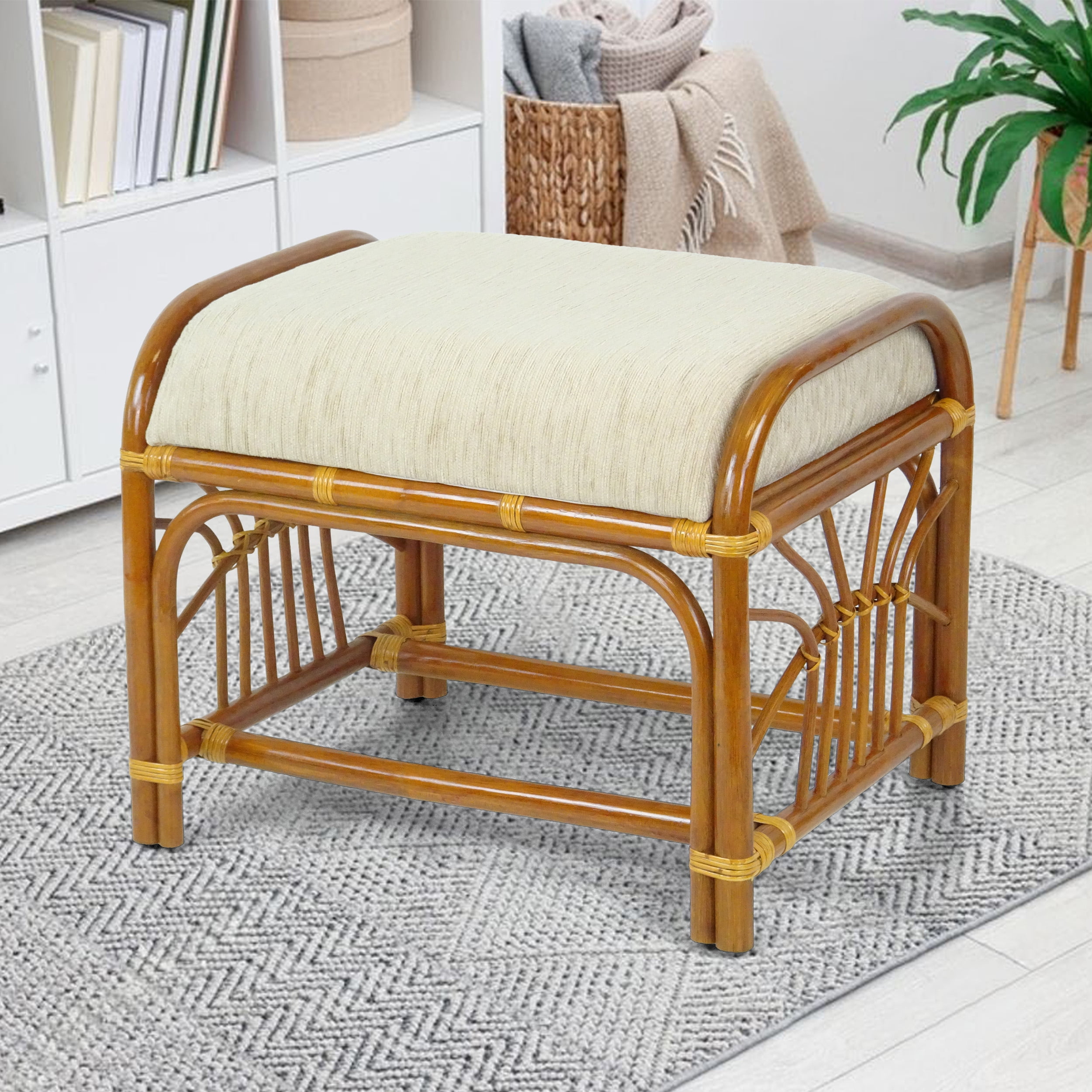 Wickerix Ottoman Footstool, Natural Rattan Wicker with Cream Cushion ...