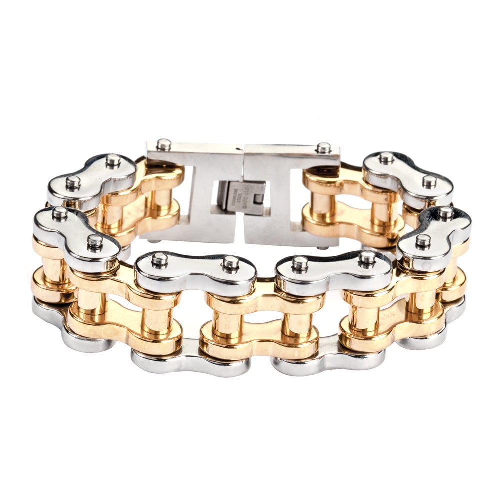 SK1259 Silver/Gold Thick Bike Chain Bracelet 1" Wide - Size 8.5 ...