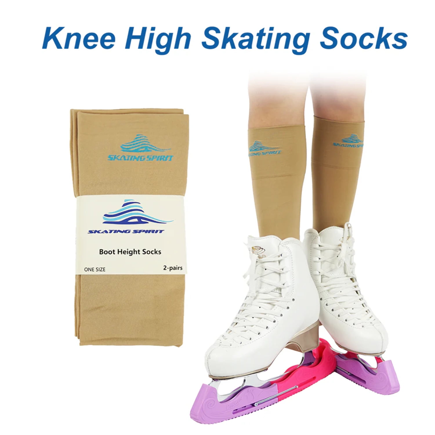 SKATING SPIRIT Figure Skating Socks (2 Pairs), Knee high, Extra wide cuff band non-slipping ...