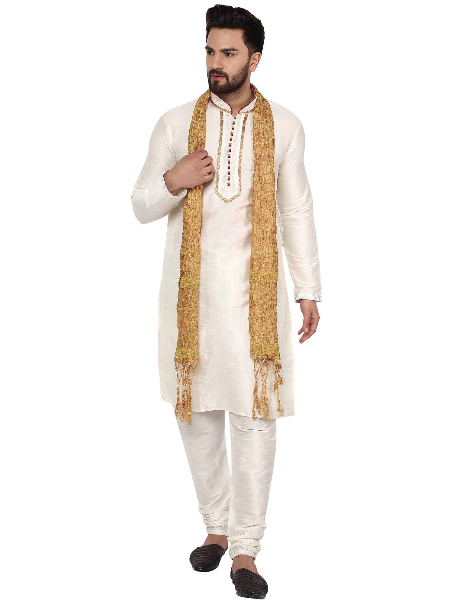 SKAVIJ Kurta Pajama and Scarf Set for Men Wedding Party Dress Off-White ...