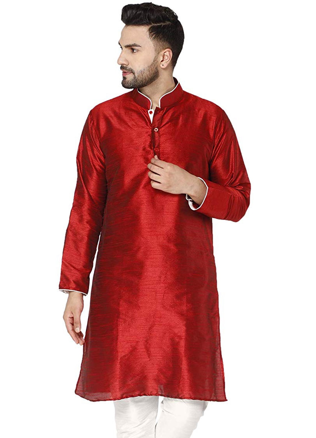 SKAVIJ Men's Art Silk Indian Wedding Long Kurta Regula Fit (Small, Red ...