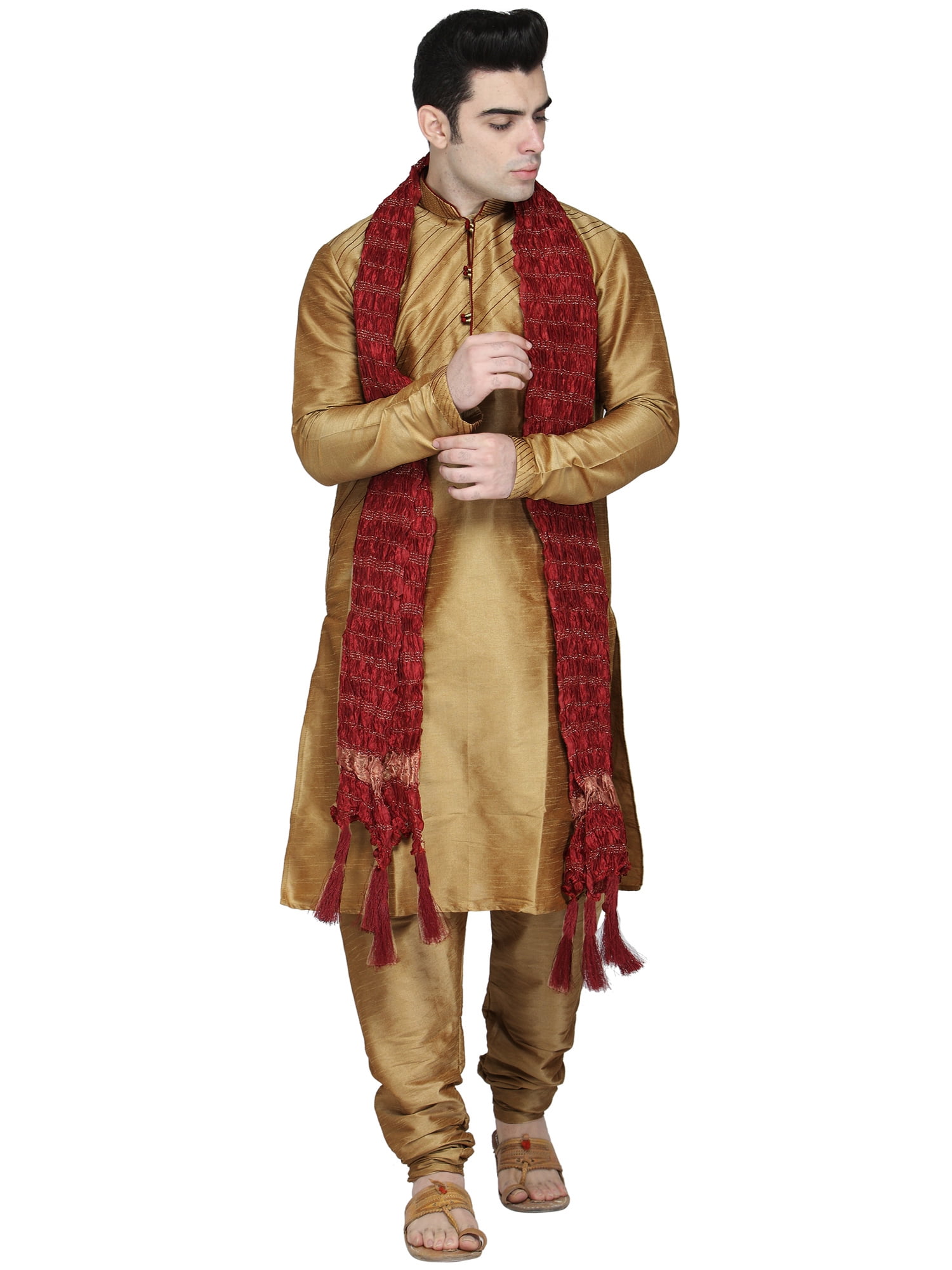 SKAVIJ Men's Kurta Pajama and Scarf Set Art Silk Indian Ethnic Dress ...