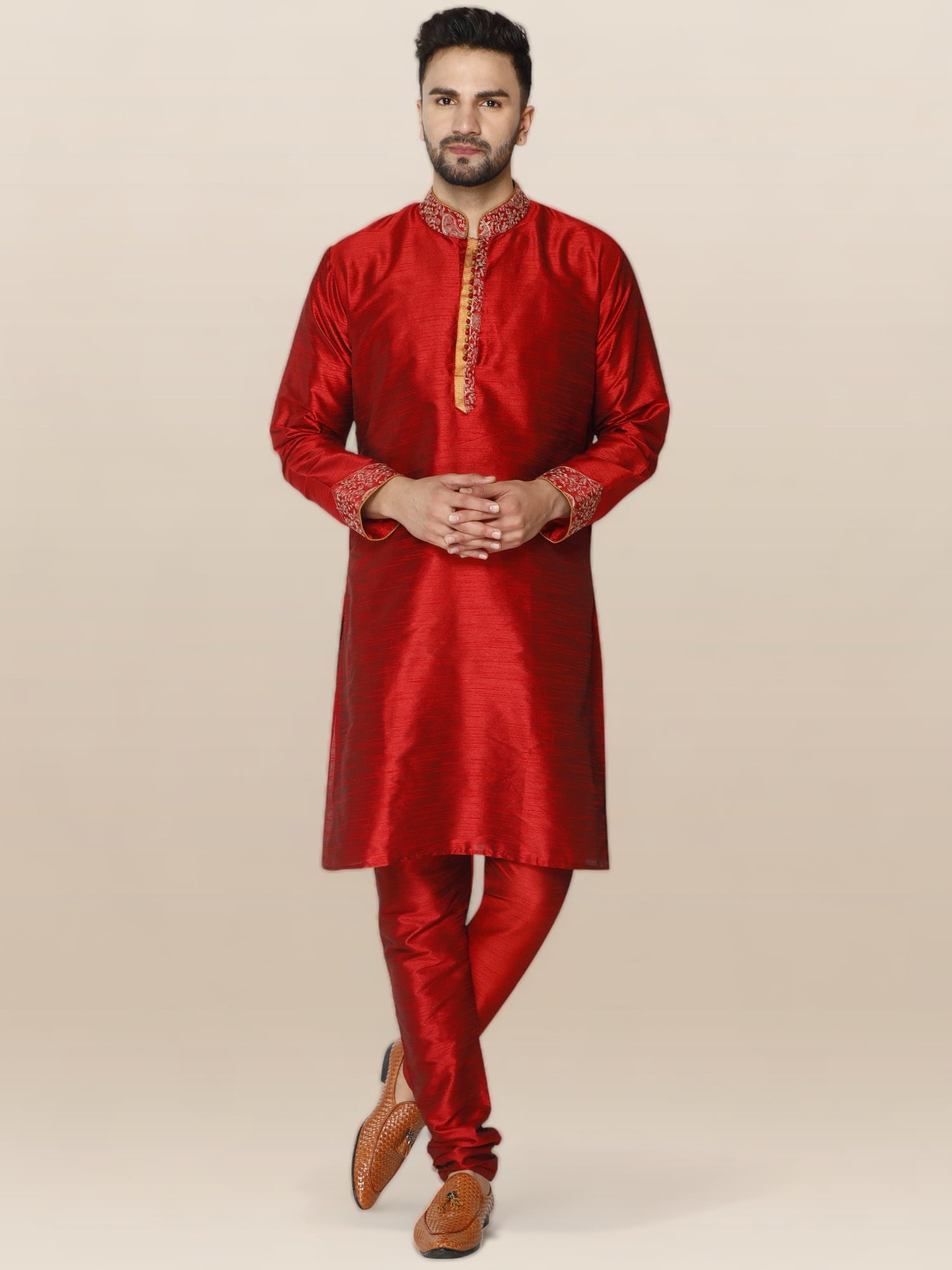 SKAVIJ Men's Tunic Art Silk Kurta Pajama Set Indian Party Dress Red M ...