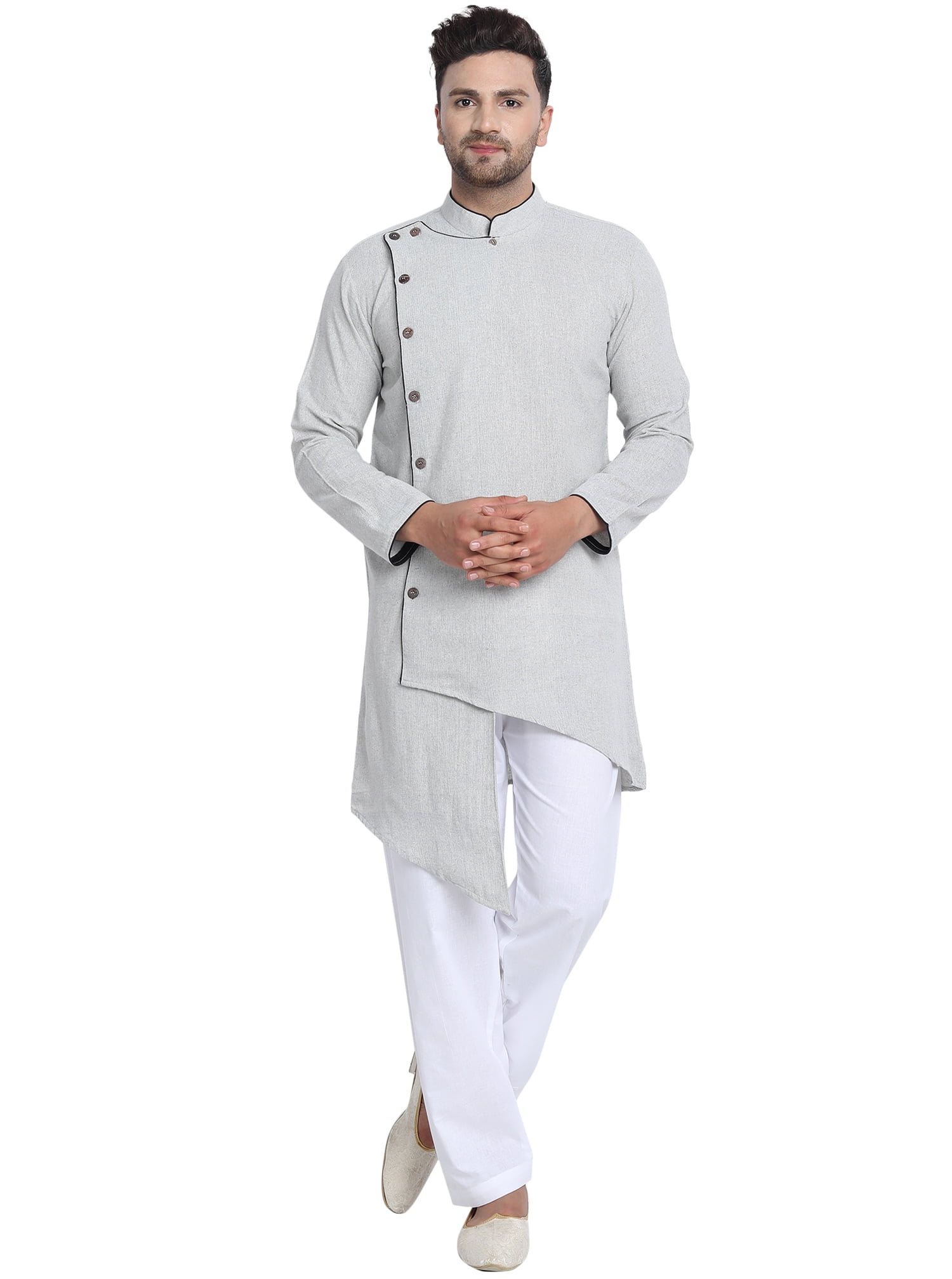SKAVIJ Men's Tunic Cotton Kurta Pajama Set Ethnic Wear Gray XL ...