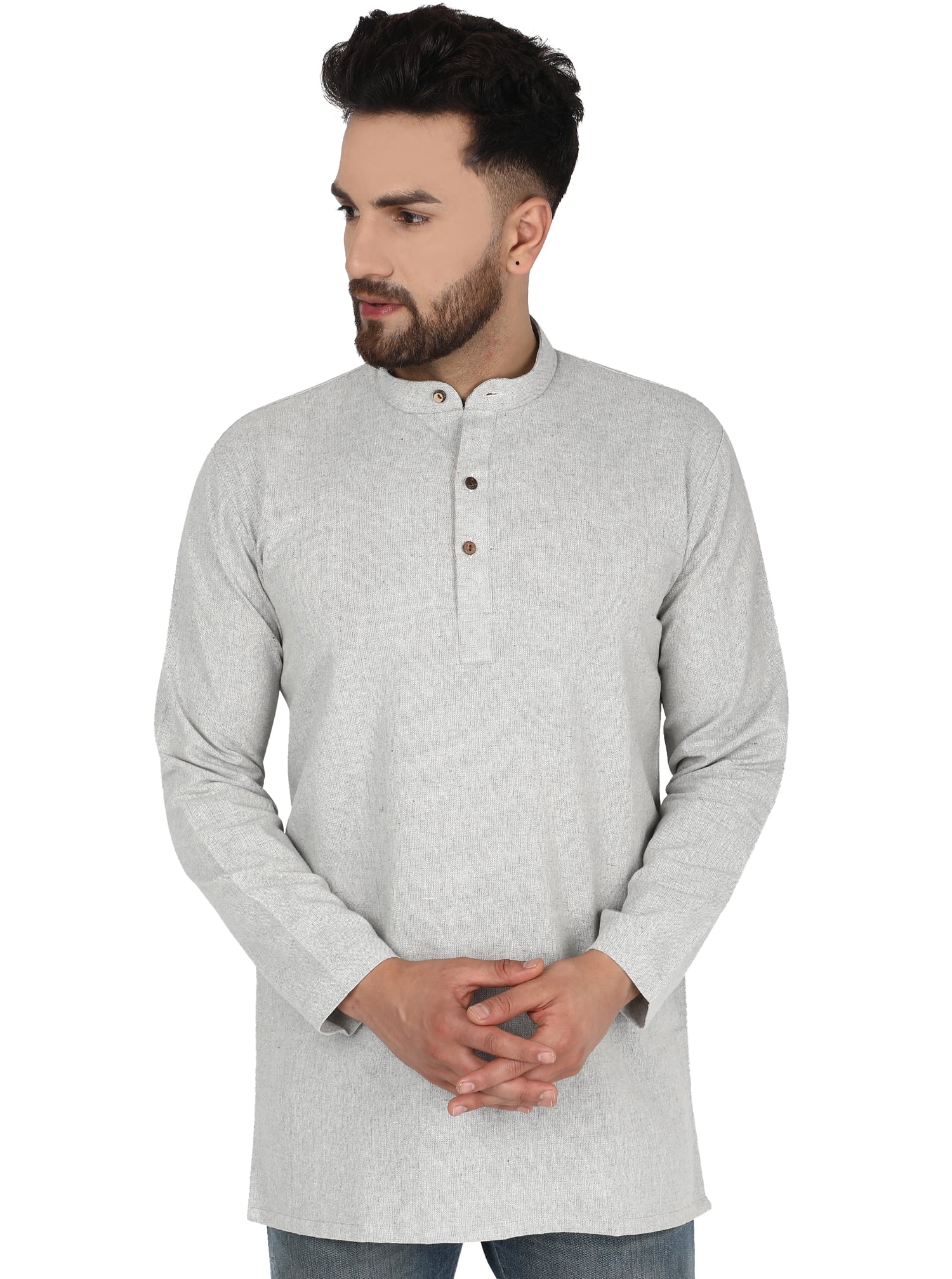 SKAVIJ Men's Tunic Cotton Short Shirt Regular Fit Top (Large, Grey ...