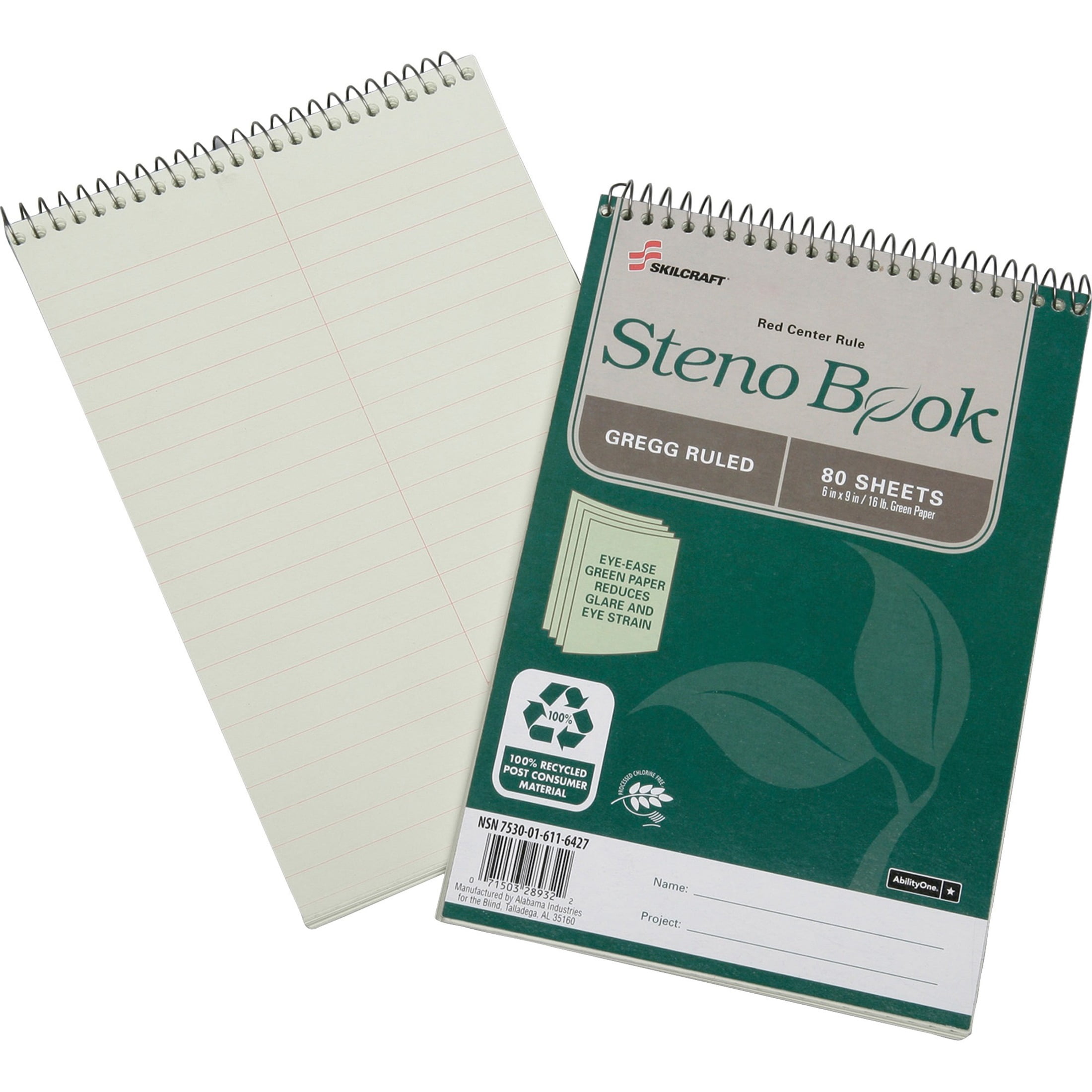 Skil Craft 100% Recycled Steno Notebooks, Eye-Ease Green Paper, 6 Pack ...