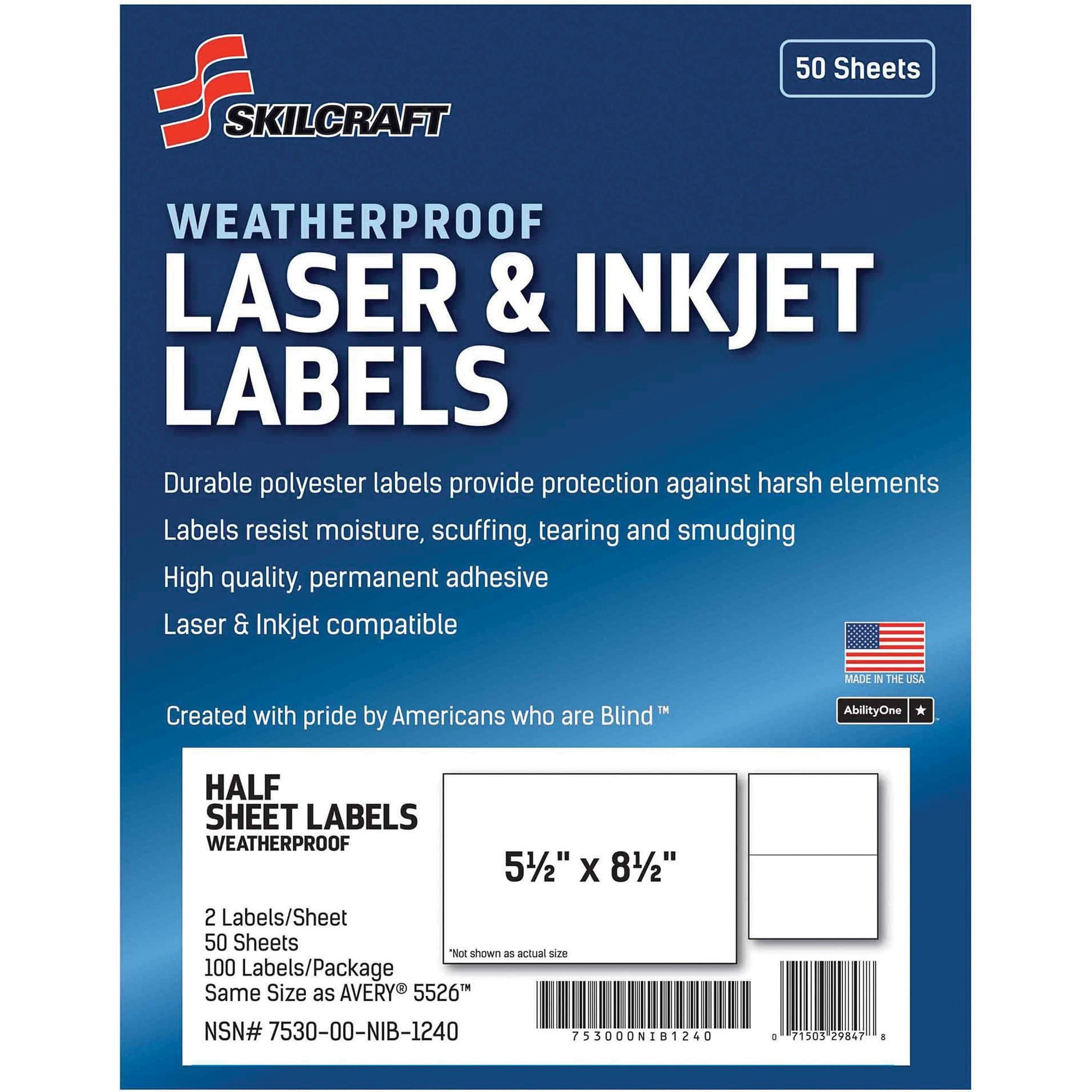 SKILCRAFT, NSN6736219, Laser/Inkjet Weatherproof Mailing Labels, 100 ...