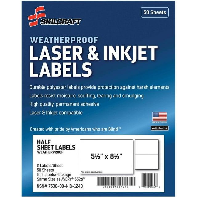 SKILCRAFT, NSN6736219, Laser/Inkjet Weatherproof Mailing Labels, 100 ...