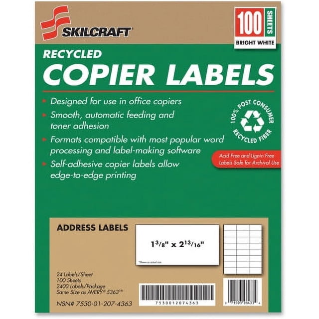 SKILCRAFT Recycled Copier Label Removable Adhesive - 1 3/8" Width x 2 ...