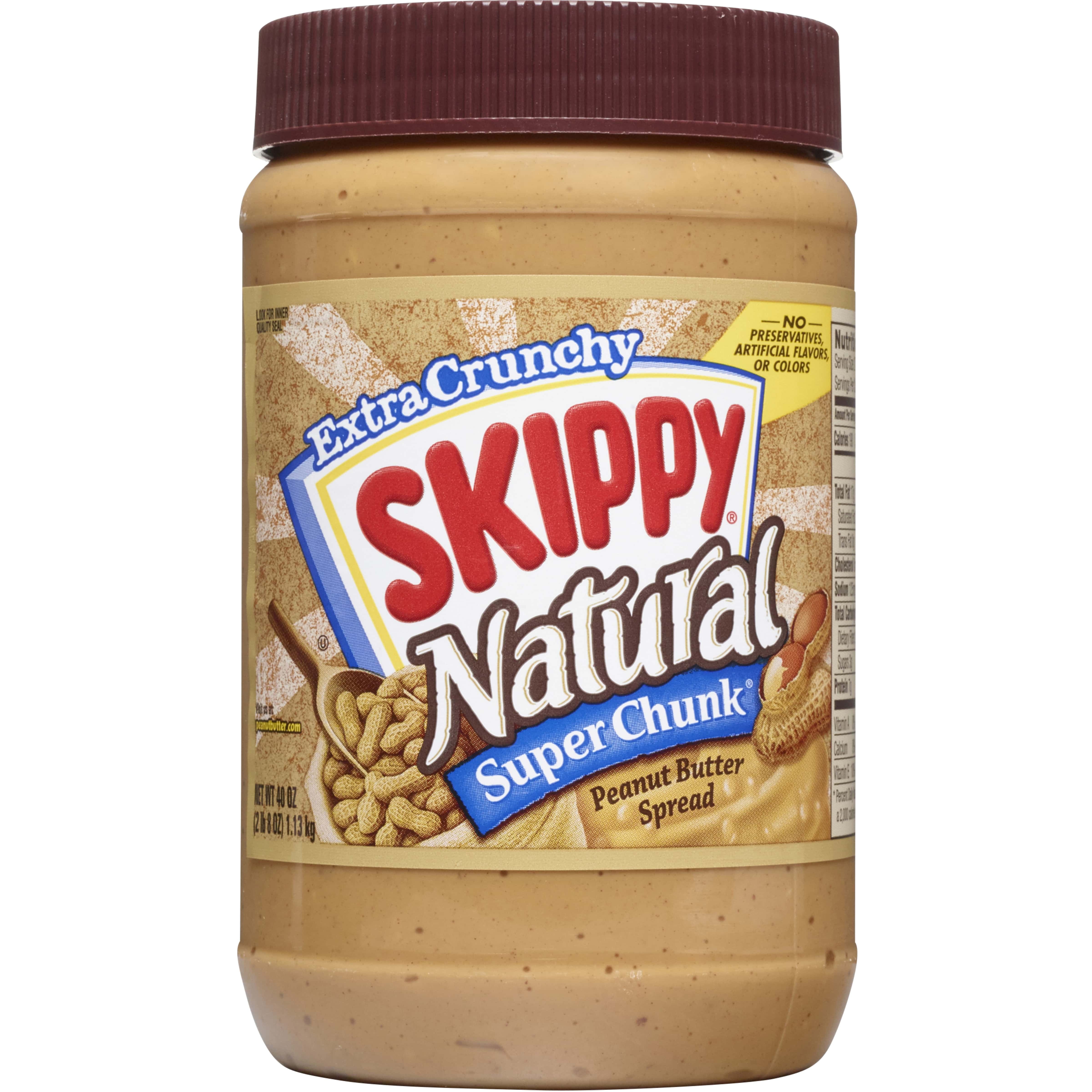 SKIPPY Natural SUPER CHUNK Peanut Butter Spread, 7 G Protein Per Serving, 40 oz Plastic Jar ...
