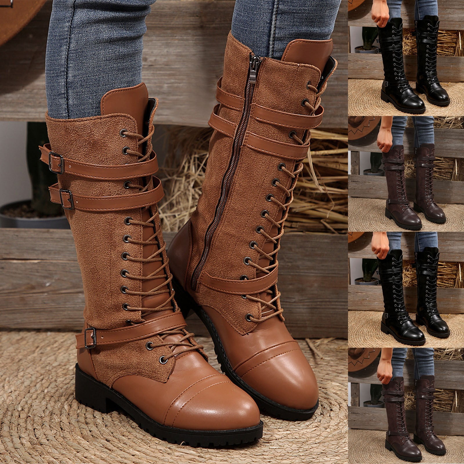 SKIYLEVZ Knee-High Boots for Women Combat Boots Winter Cold Weather ...