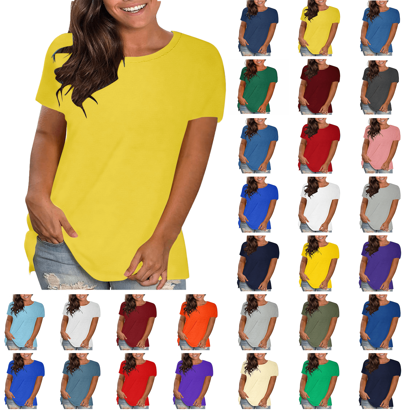 Summer Saving Clearance T-shirts for Women Clearance Solid Crew Neck ...