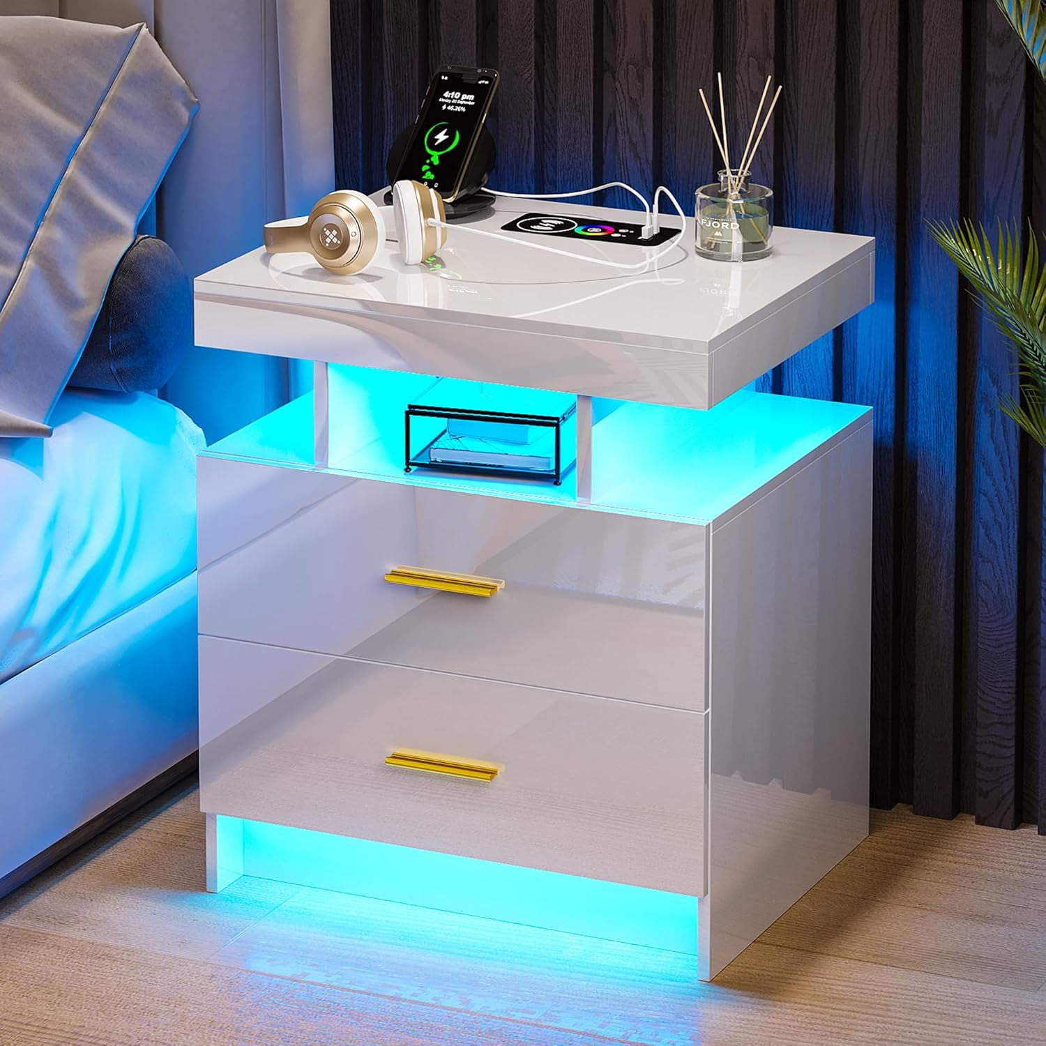 SKKTKT LED Nightstand with Charging Station, Modern White Bedside Table ...