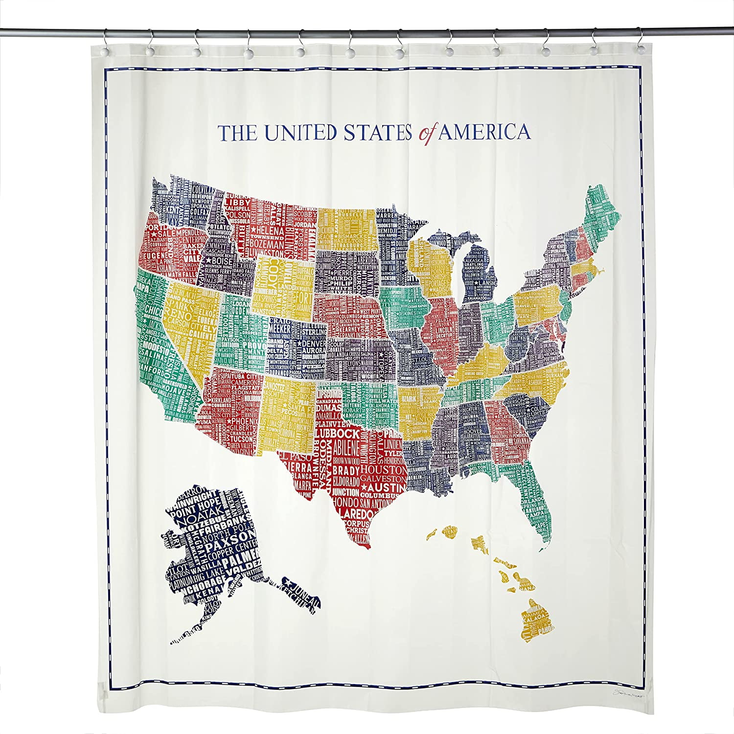 SKL Home 100% PEVA US Map Shower Curtain 70" x 72", Multi Color, Wipe ...