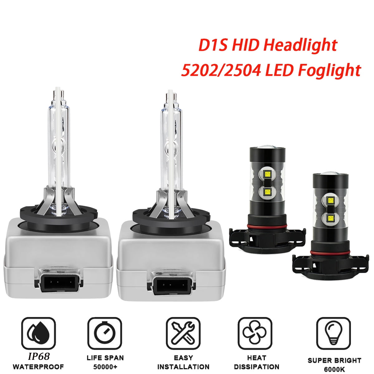 SKN 4PCS 6000K White D1S+5202 HID/LED Headlight High/Low Beam Bulbs Fog ...