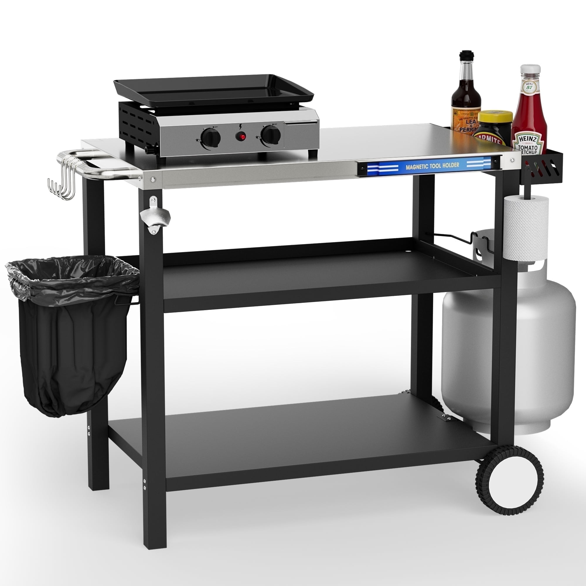 SKOK 3-Tier Stainless Steel Grill Stand w/Magnetic Top, Hooks & Propane ...