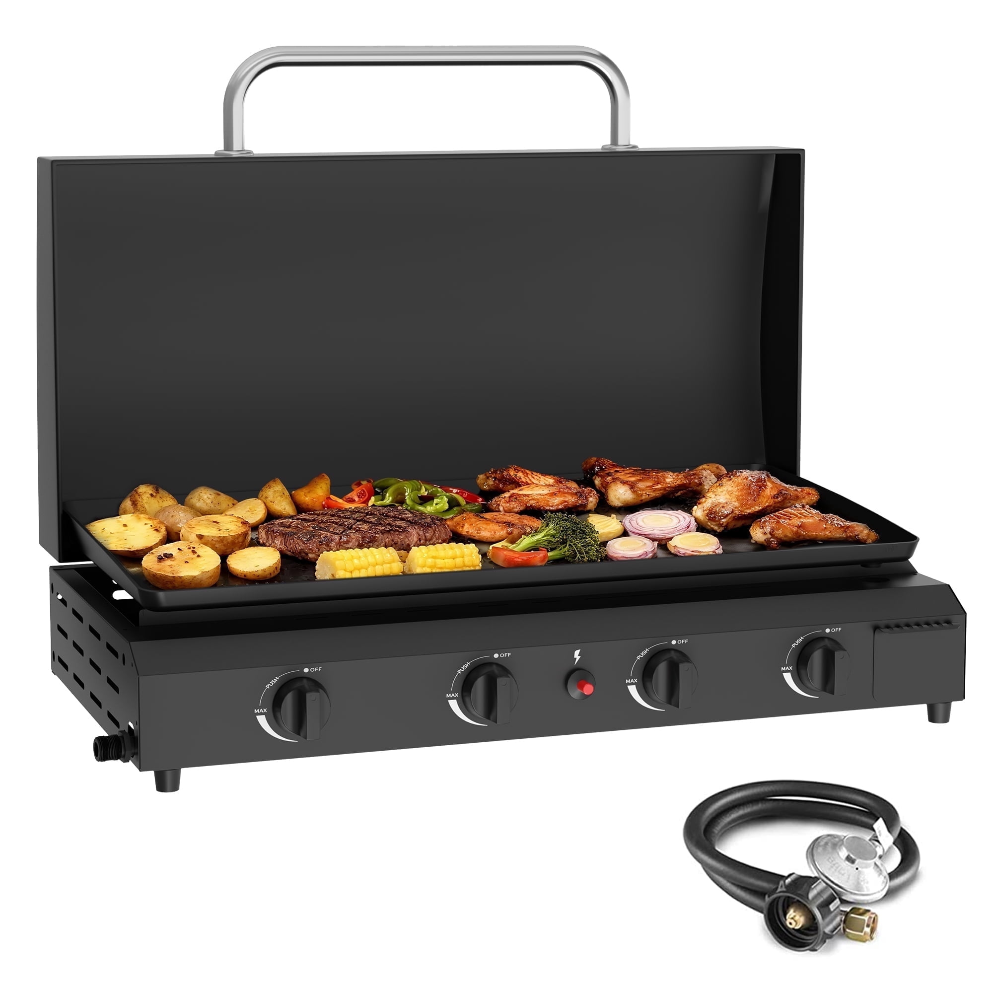 SKOK 30'' Portable 4-Burner Flat Top Gas Griddle with Hood, 60,000 BTU ...