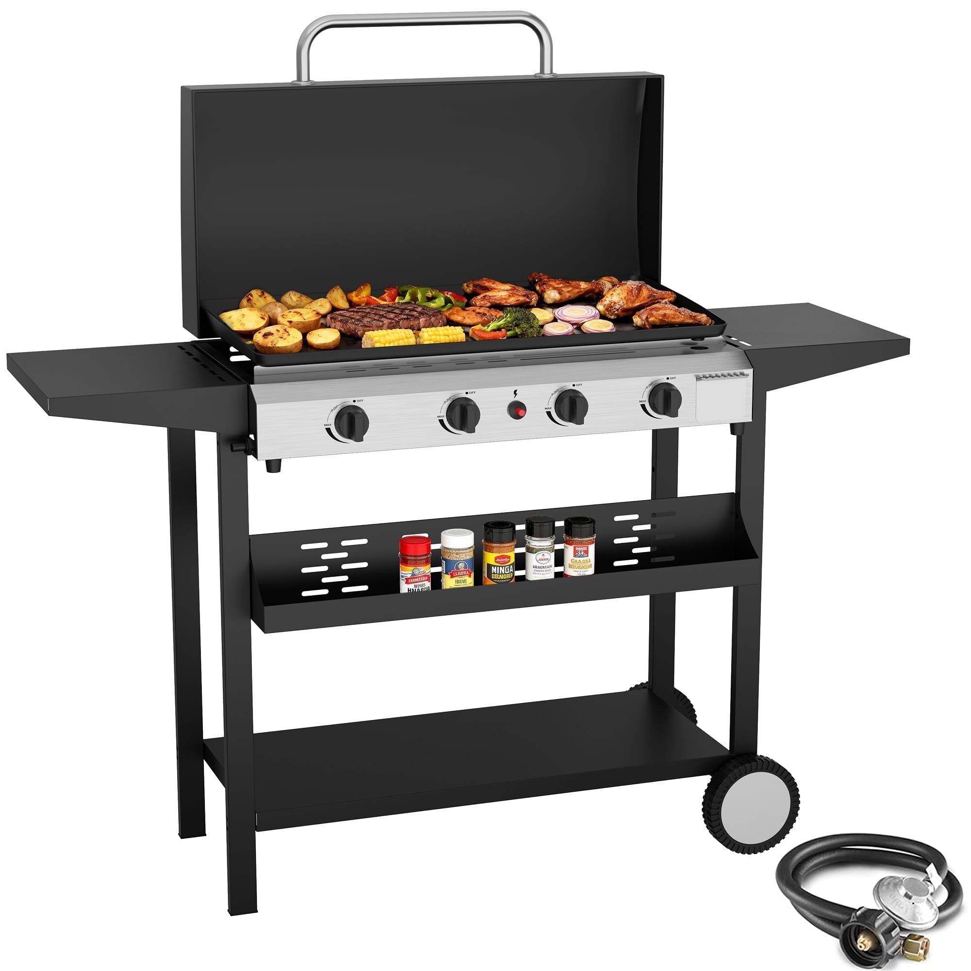 SKOK 30'' Portable 4-Burner Flat Top Gas Griddle with Hood, 60,000 BTU ...