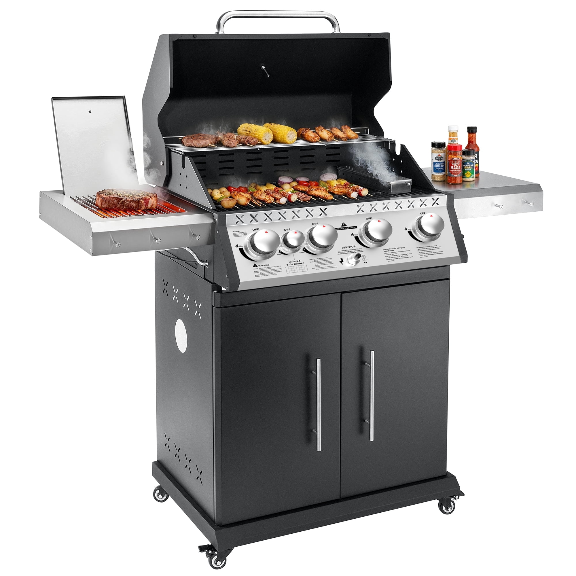 SKOK 4 Burner Propane Gas BBQ Grill with Side Burner, 58000 BTU Output ...