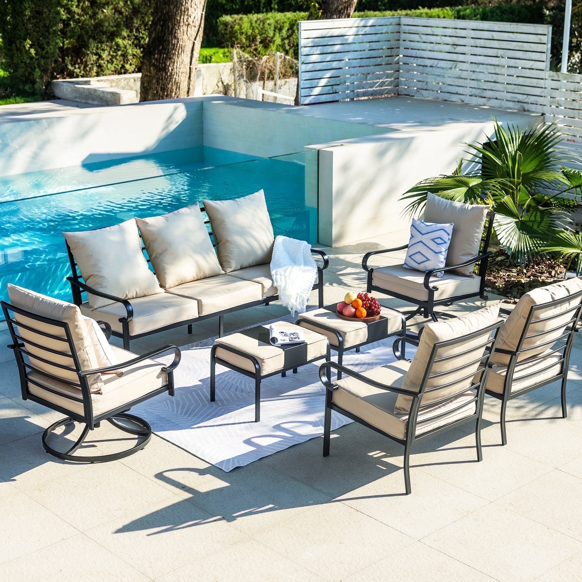 SKOK 7-Piece Metal Frame Patio Furniture Set with Ottoman & Swivel ...