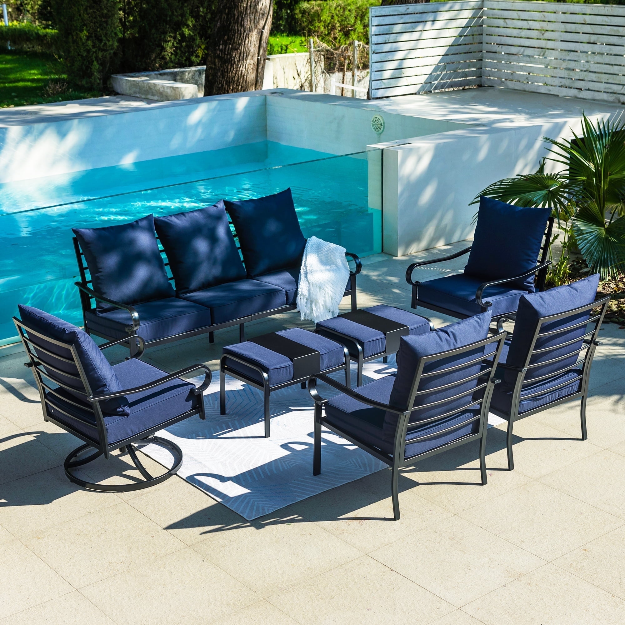 SKOK 7-Piece Metal Frame Patio Furniture Set with Swivel Rocking Chairs ...