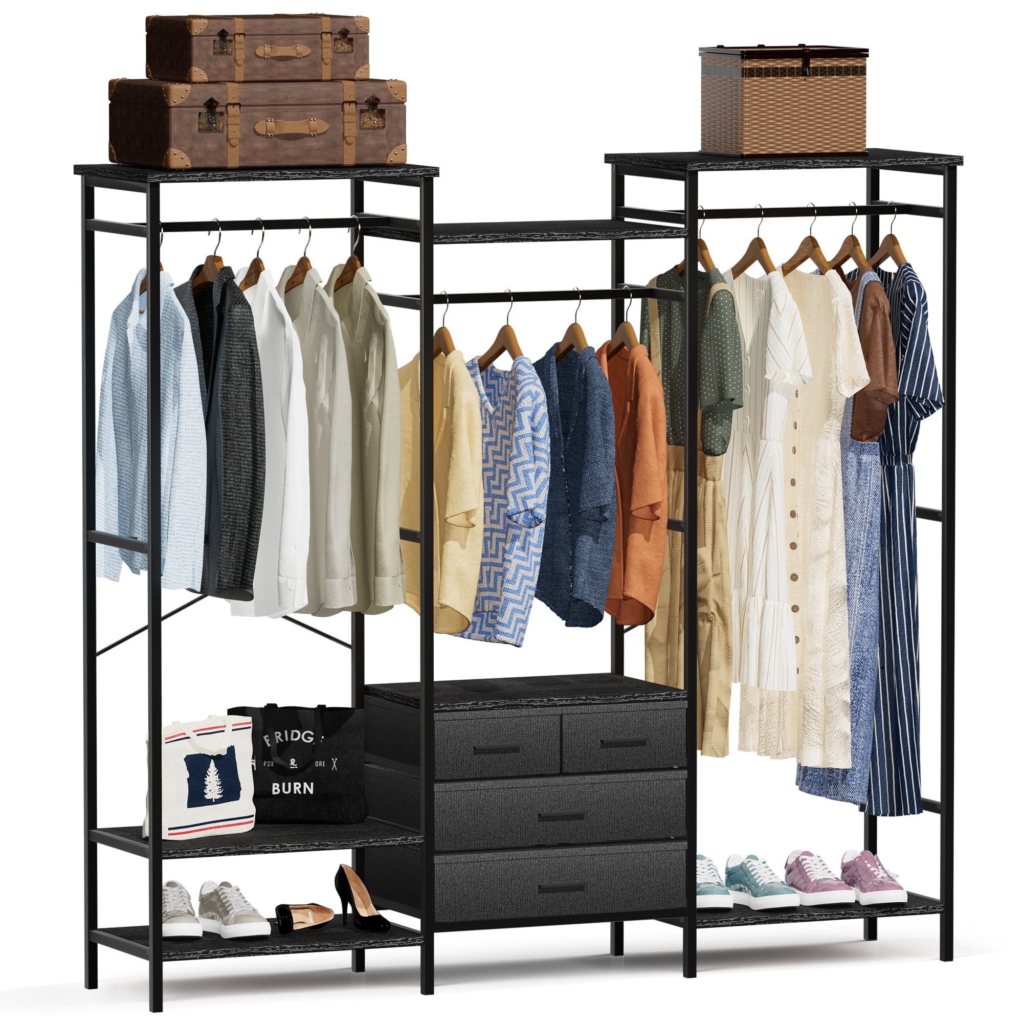 SKOK Open 3 Clothes Rack Wardrobe Closet with Metal Frame and Wood Top ...