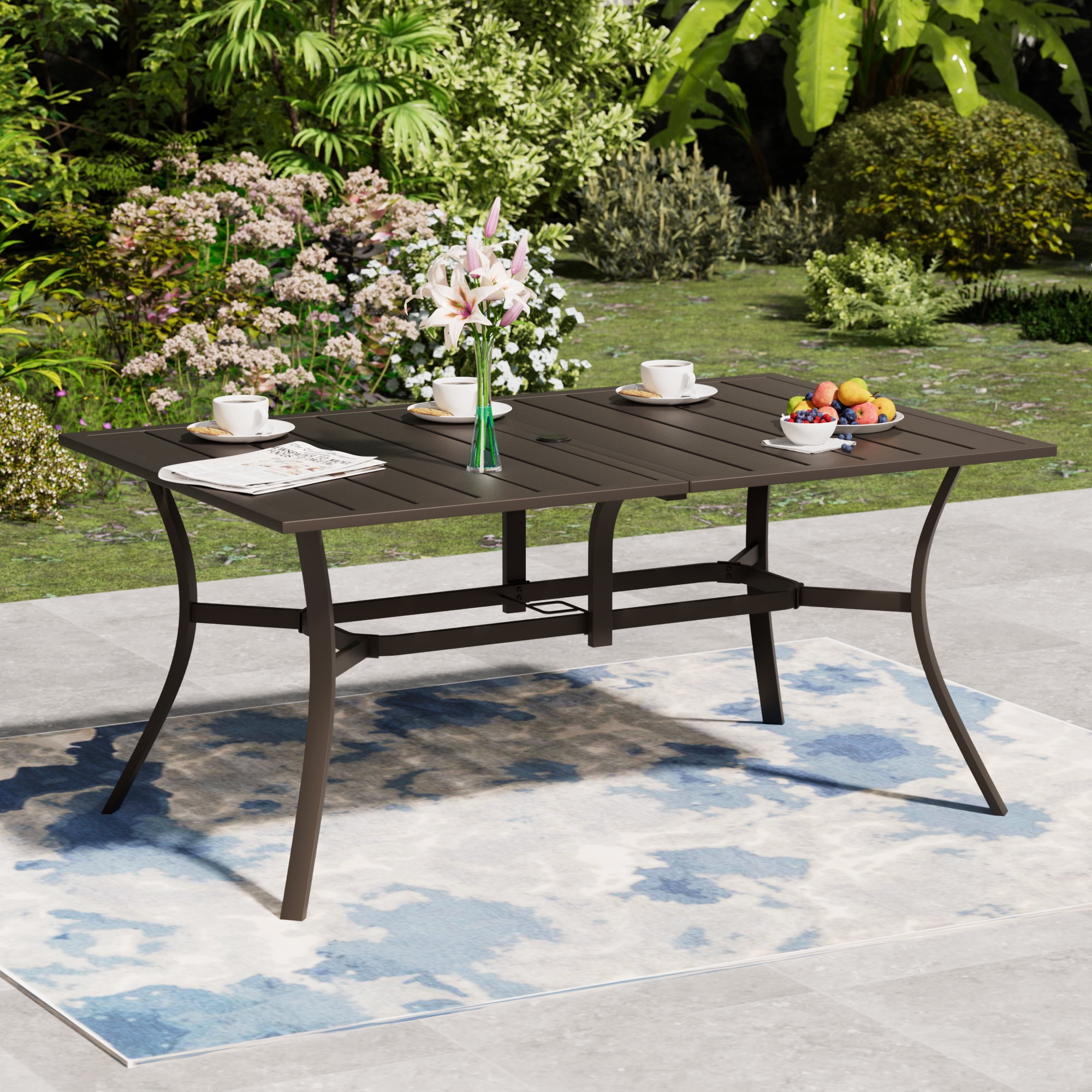 SKOK Outdoor Steel Rectangle Patio Dining Table for 6 with Umbrella ...