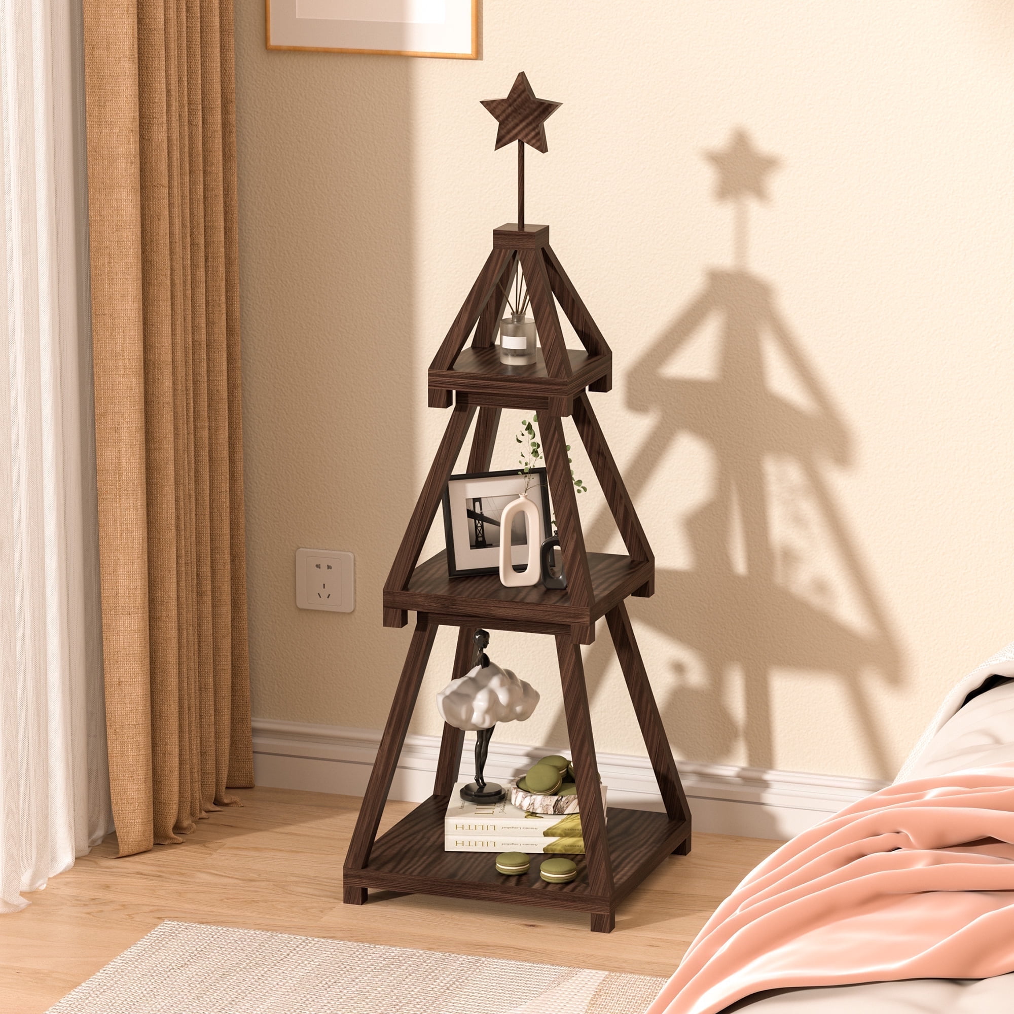 SKOK Solid Wood 3 Tier Shelf Ladder Bookshelf, Tree Shaped Storage ...