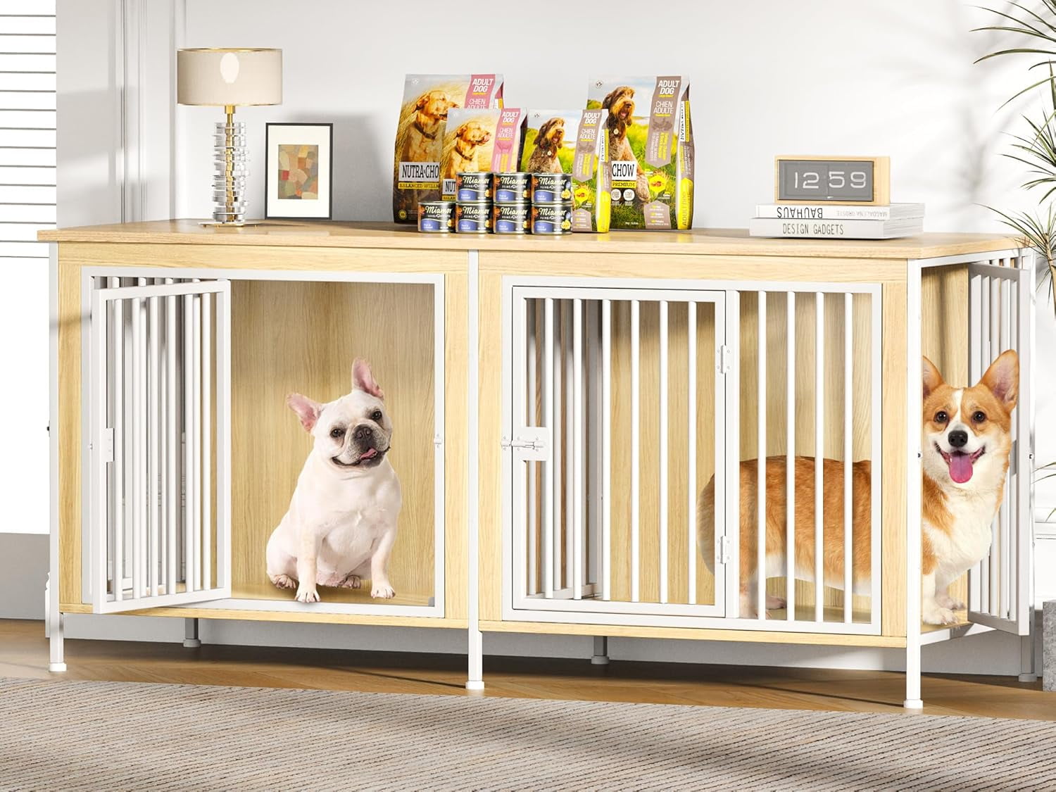 SKPYX 63" Dog Cage Furniture for 2 Pets with Divider, XL Wooden Double ...