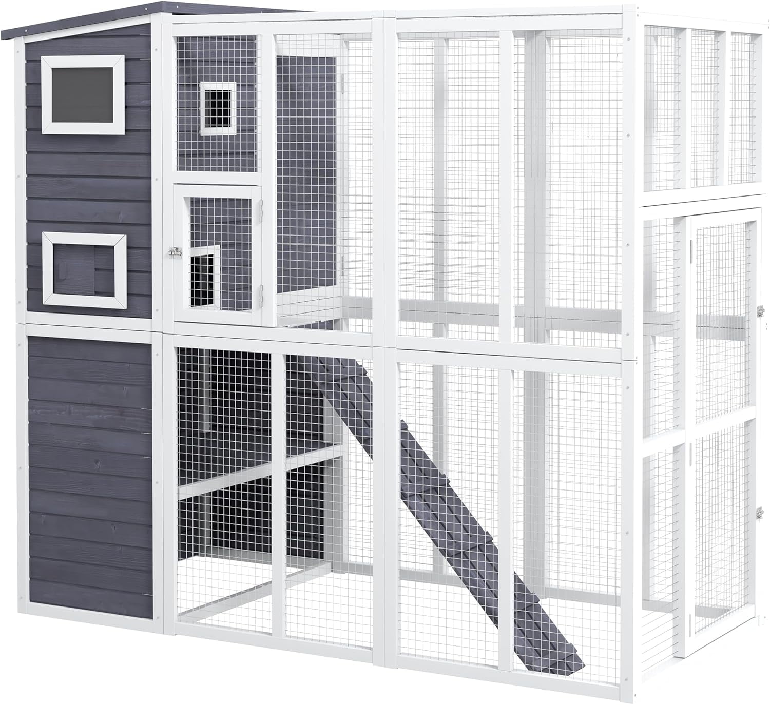 SKPYX 77" Long Outdoor Catio - Wooden Cat House with Platforms, Ramps ...