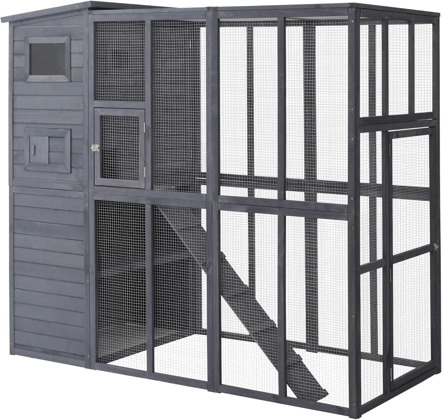 SKPYX 77" Long Outdoor Catio - Wooden Cat House with Platforms, Ramps ...