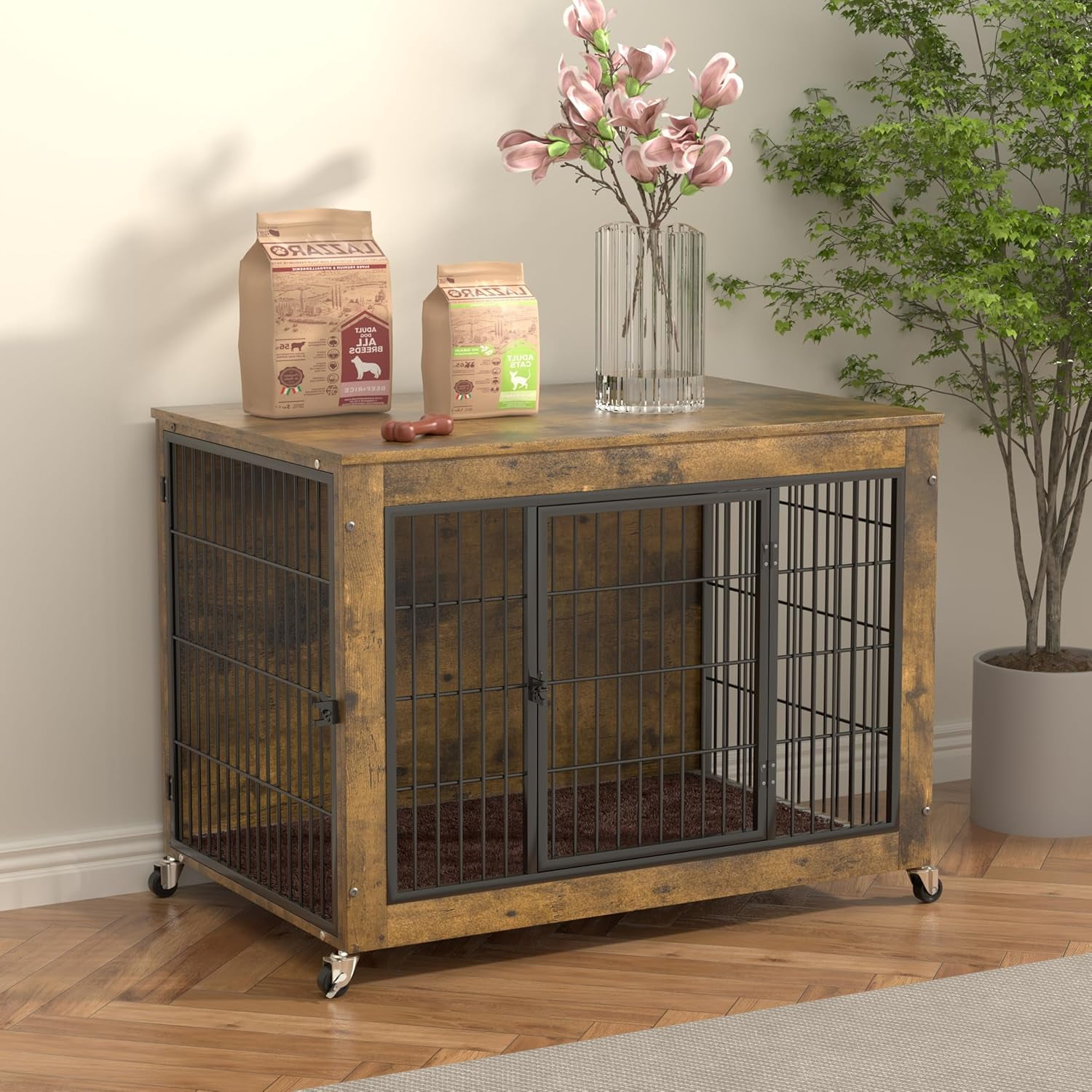 SKPYX Dog Crate Furniture with Cushion, Wooden Dog Kennel Furniture Indoor, Heavy Duty Dog ...