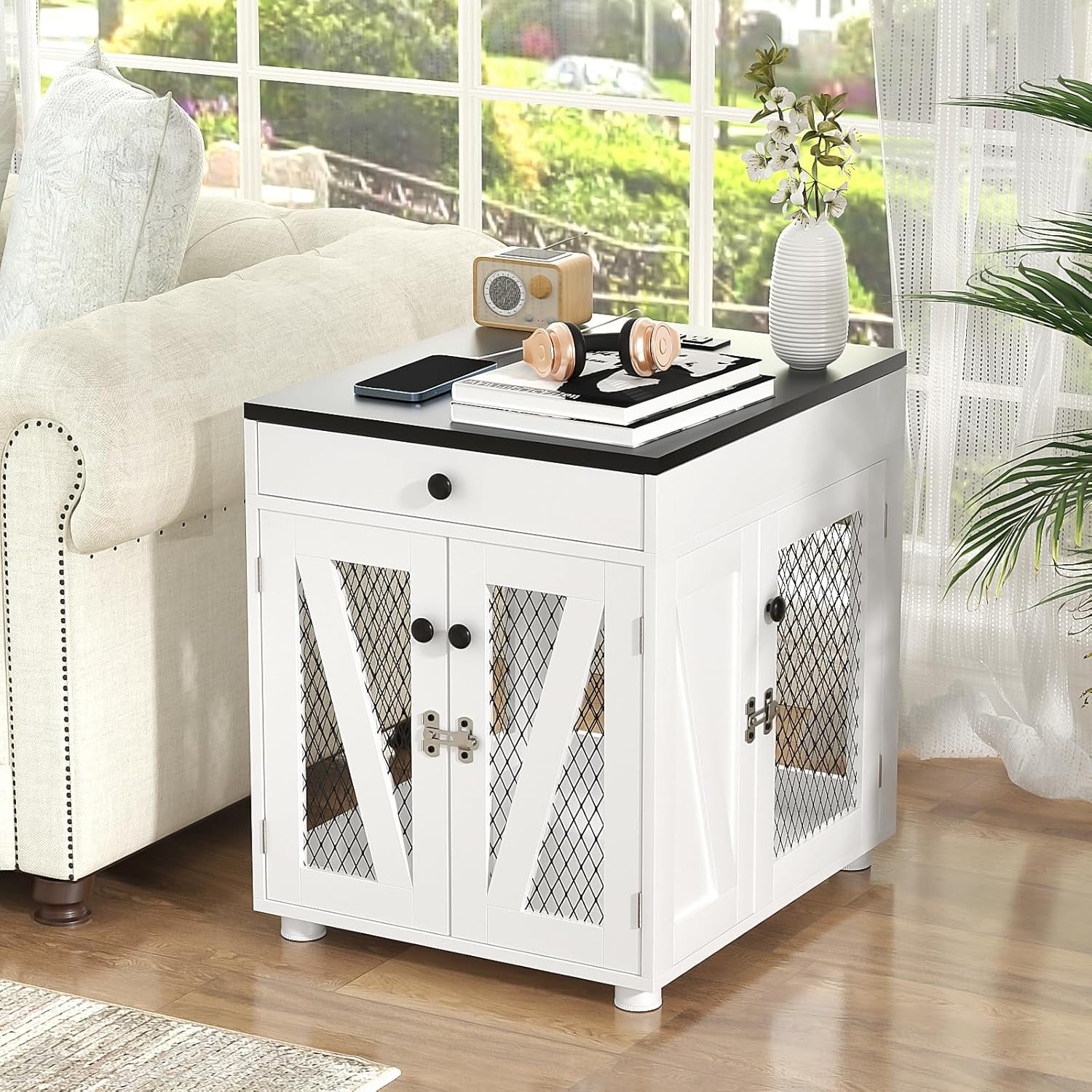 SKPYX Dog Crate Furniture, Wooden Dog Kennel End Table with USB ...