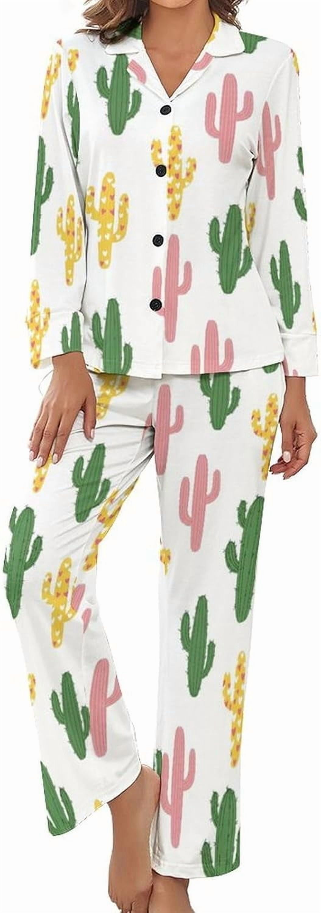 SKQIT Womens Pajamas Set Colorful Cactus Pattern Soft Long Sleeve ...