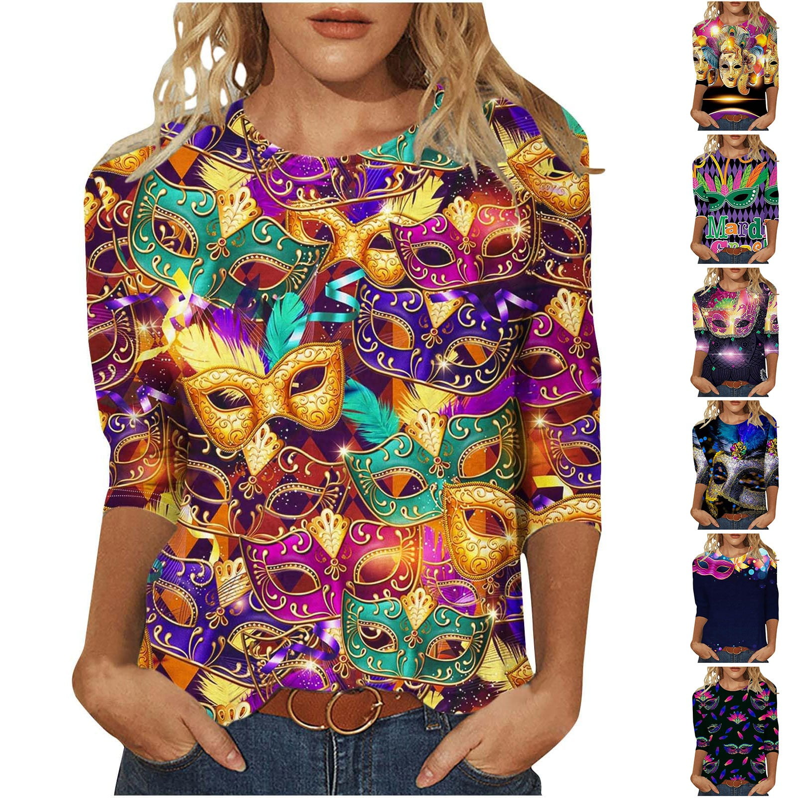 SKSloeg 3/4 Sleeve Shirts for Women Carnival Mask Graphic Print Parade ...