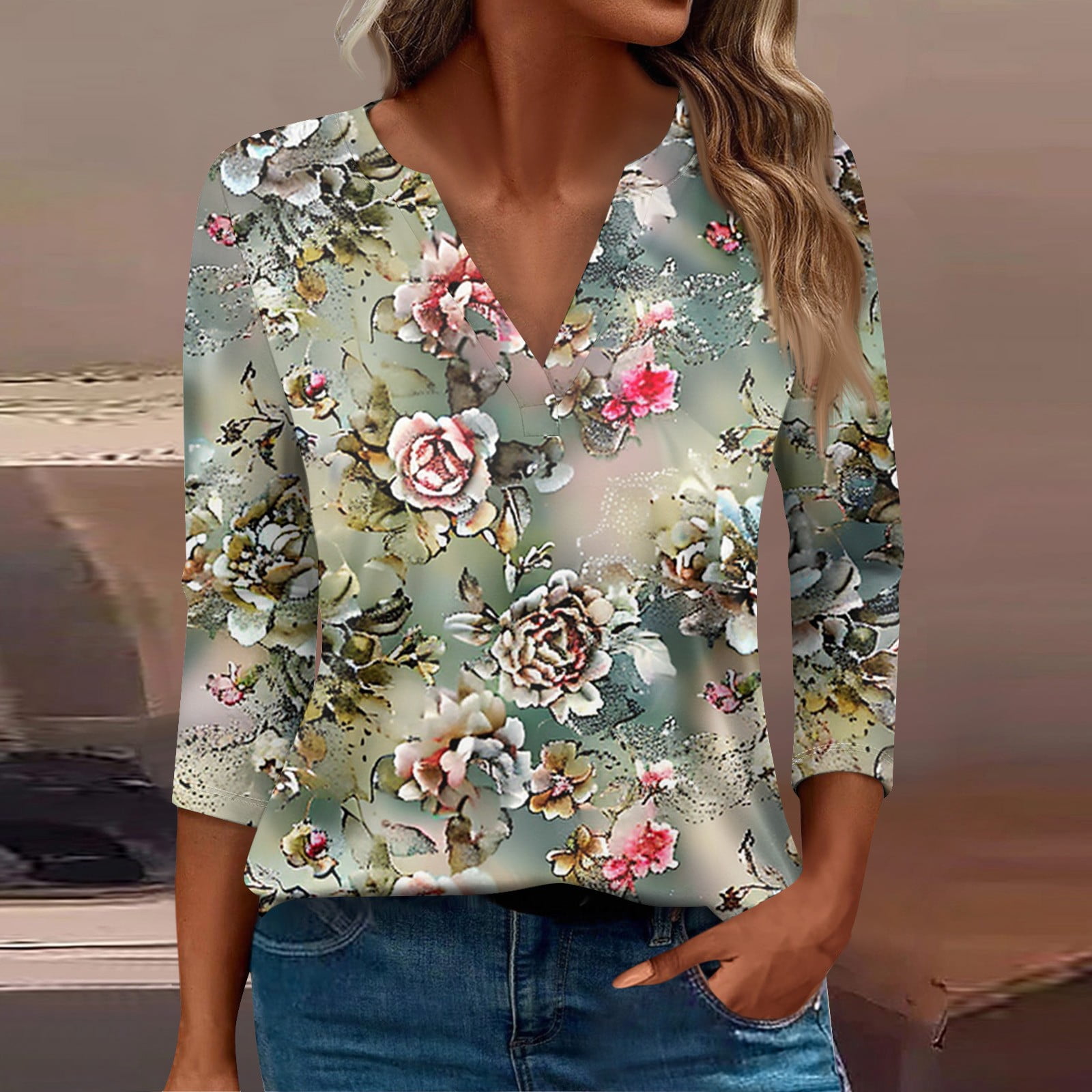 SKSloeg 3/4 Sleeve Tops for Women Clearance V Neck Work T Shirts Vintage Floral Print Peasant ...