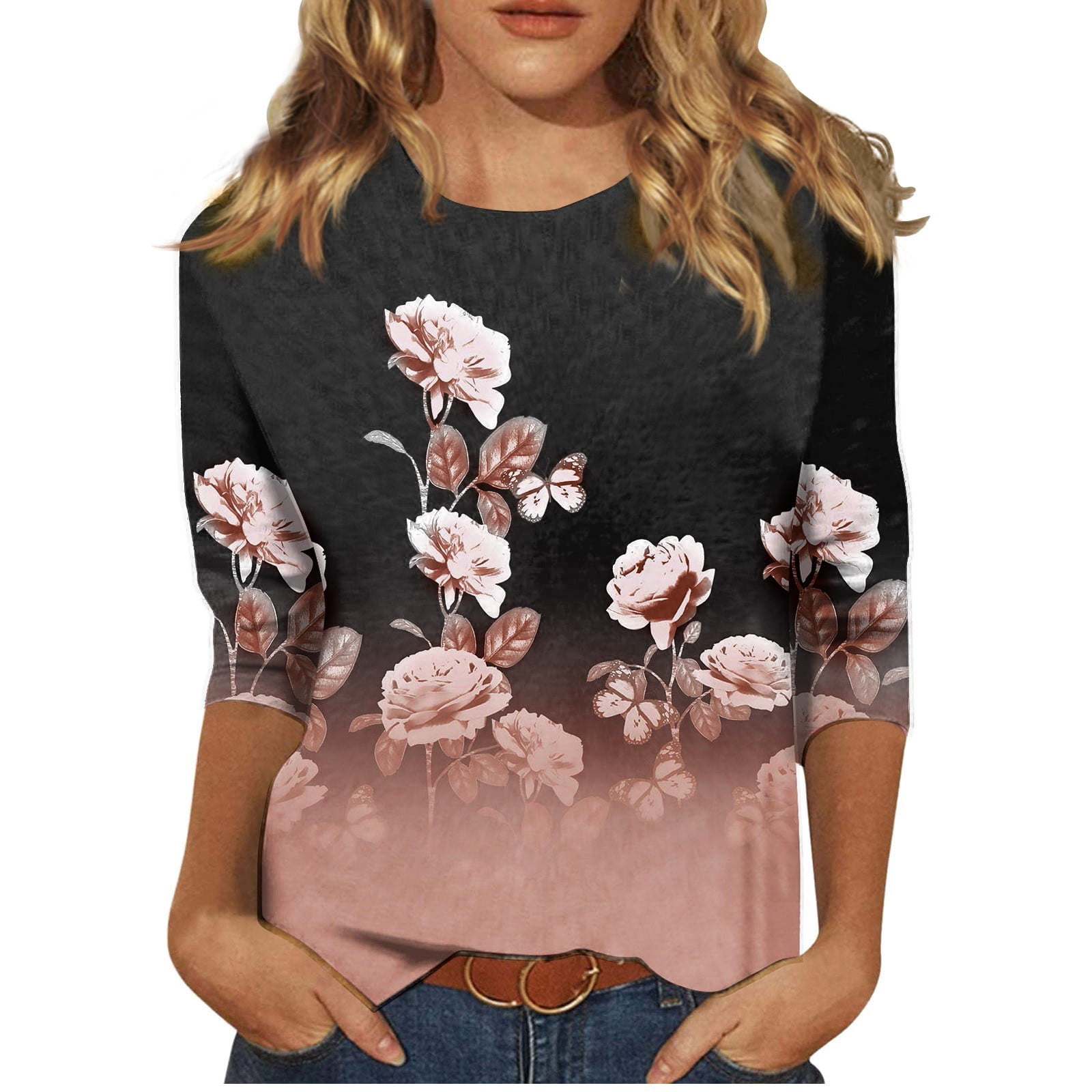 SKSloeg 3/4 Sleeve Womens Tops Casual Crewneck Going Out Tops Floral ...