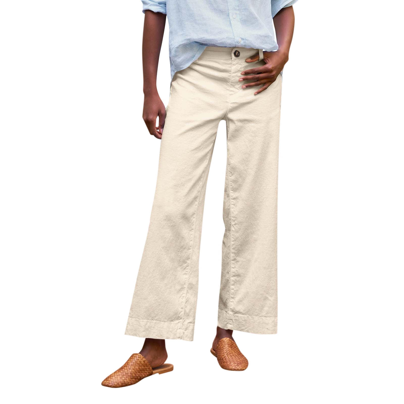 SKSloeg Ankle Pants for Women Crop Linen Pants High Waisted Flare Wide ...