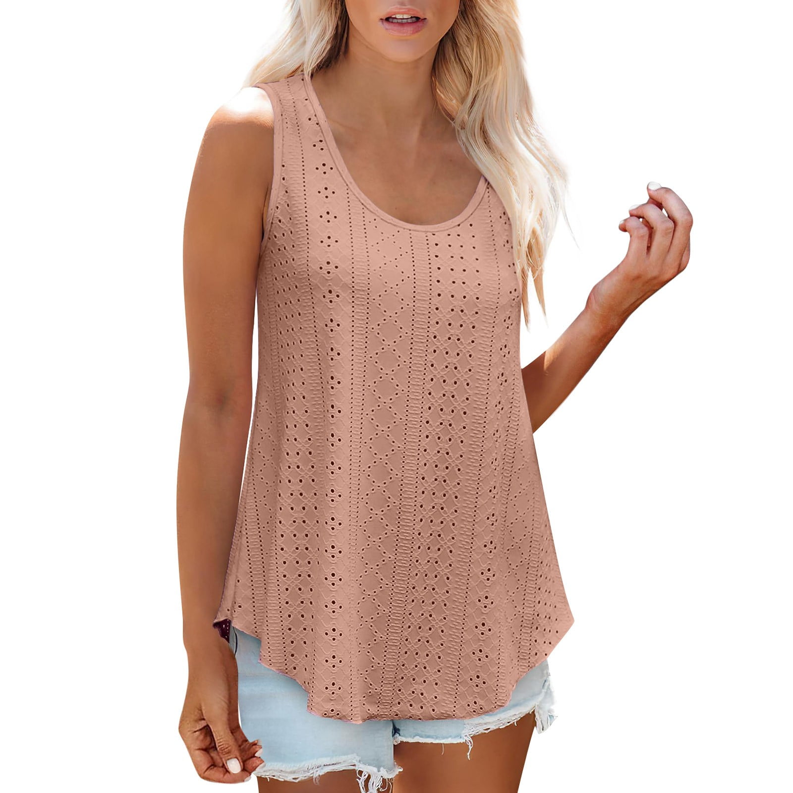 SKSloeg Black Tank Top Woman Tank Tops Eyelet Embroidery Scoop Neck Print Casual Summer Loose ...