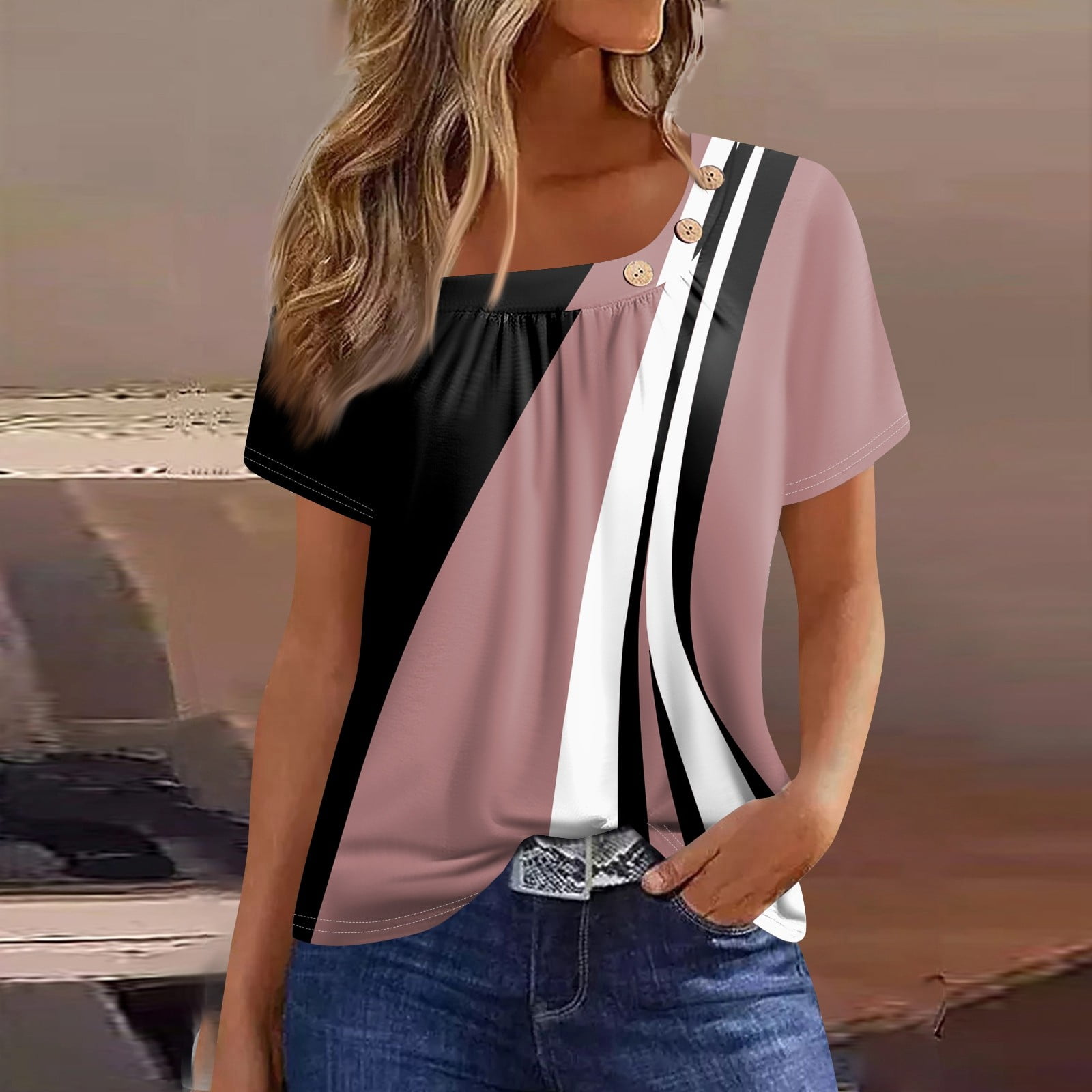 SKSloeg Boho Tops for Women Short Sleeve Pleated Square Neck Button ...