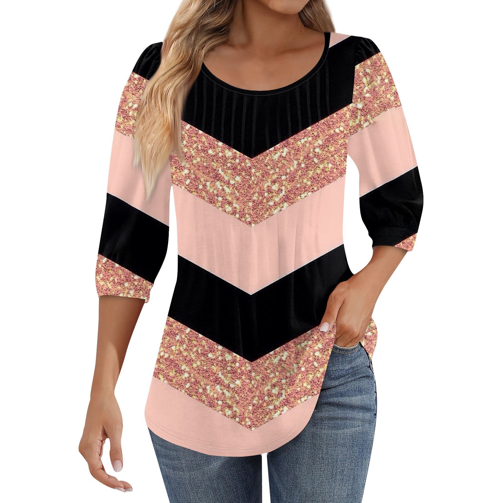 SKSloeg Business Casual Tops for Women Puff 3/4 Sleeve Pleated Front ...