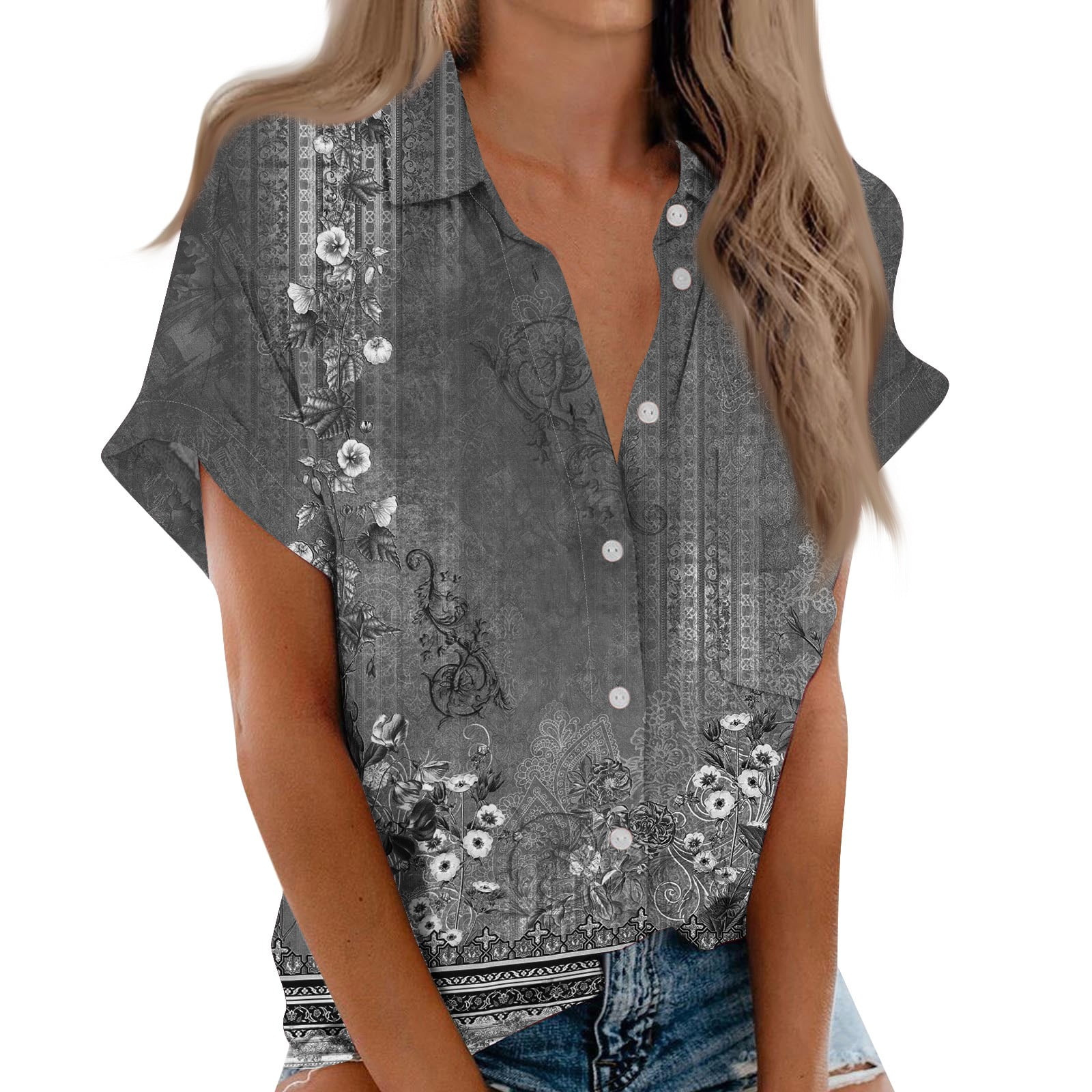 SKSloeg Button Down Shirts for Women Comfy V Neck Collared Short Sleeve ...