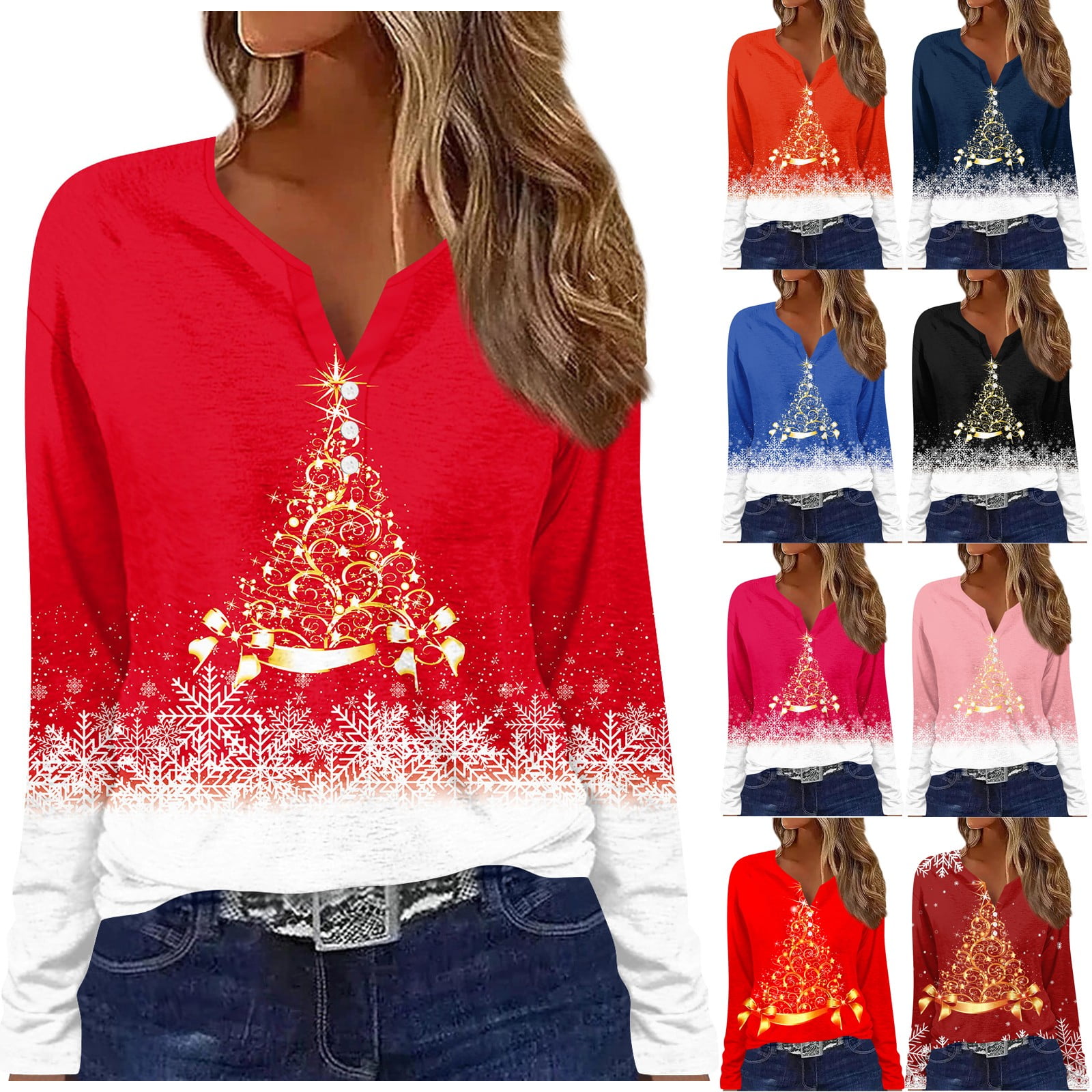 Sksloeg Christmas Blouses For Women 2024 Plus Size Loose Tops Christmas Shirts Casual Long